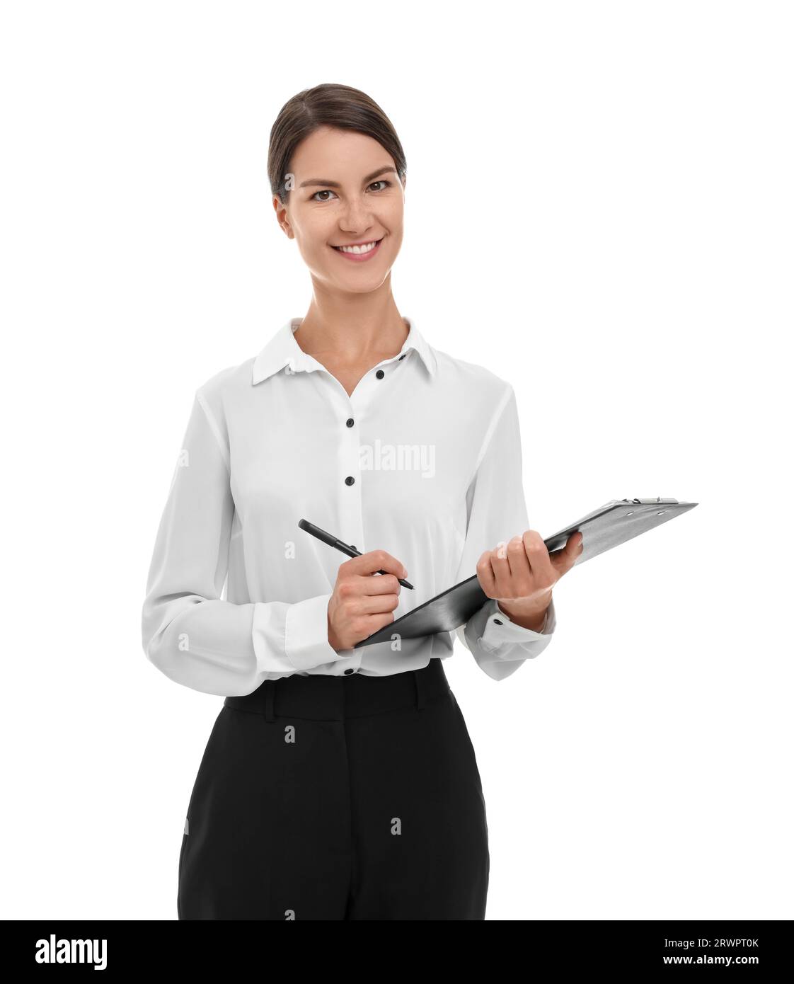 Happy secretary with clipboard and pen isolated on white Stock Photo ...