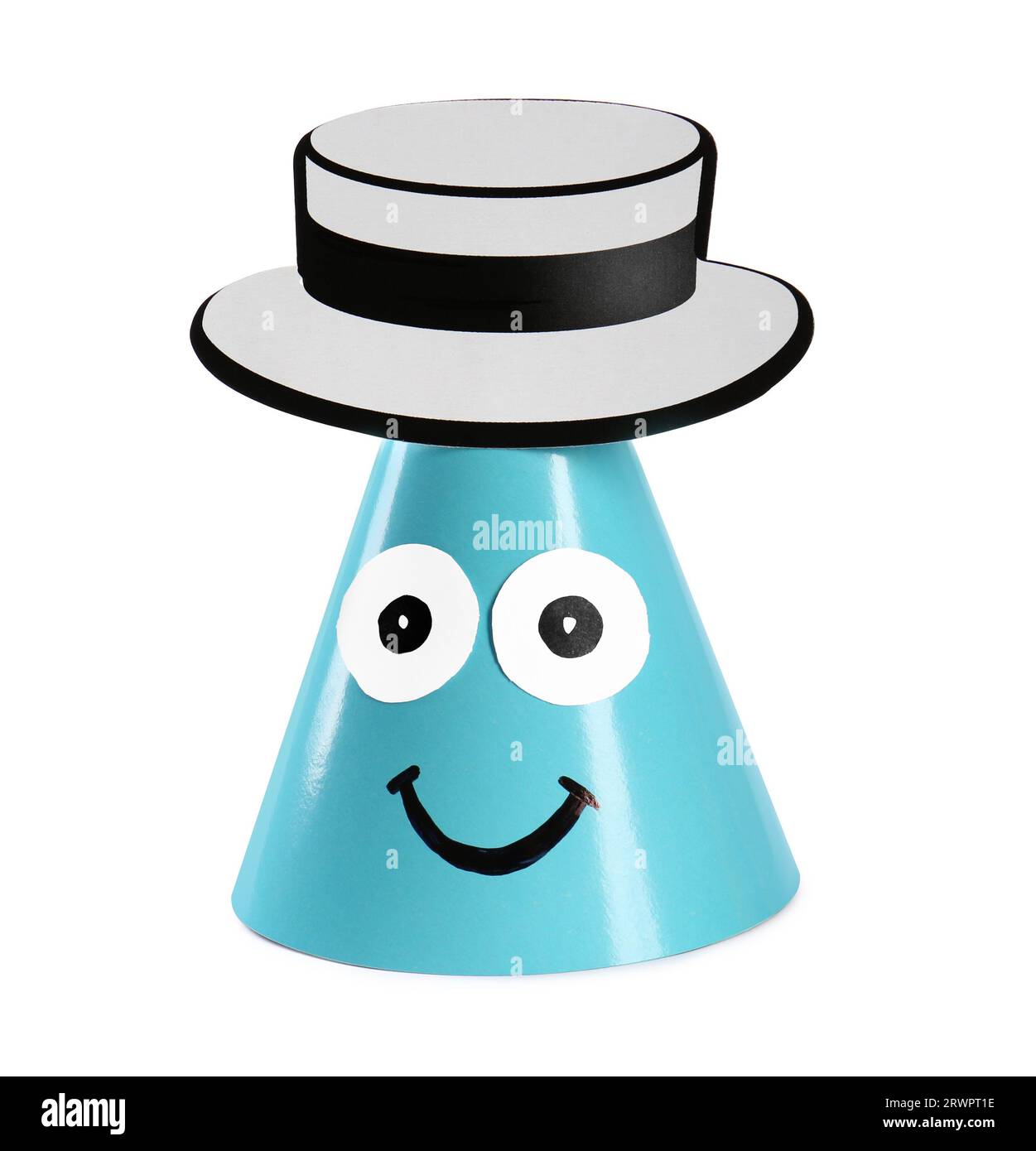 Bright party hat with funny face isolated on white. Handmade decoration ...