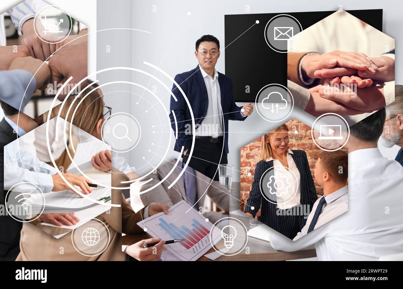 Partner, collaboration. Collage with photos of businesspeople and icons ...