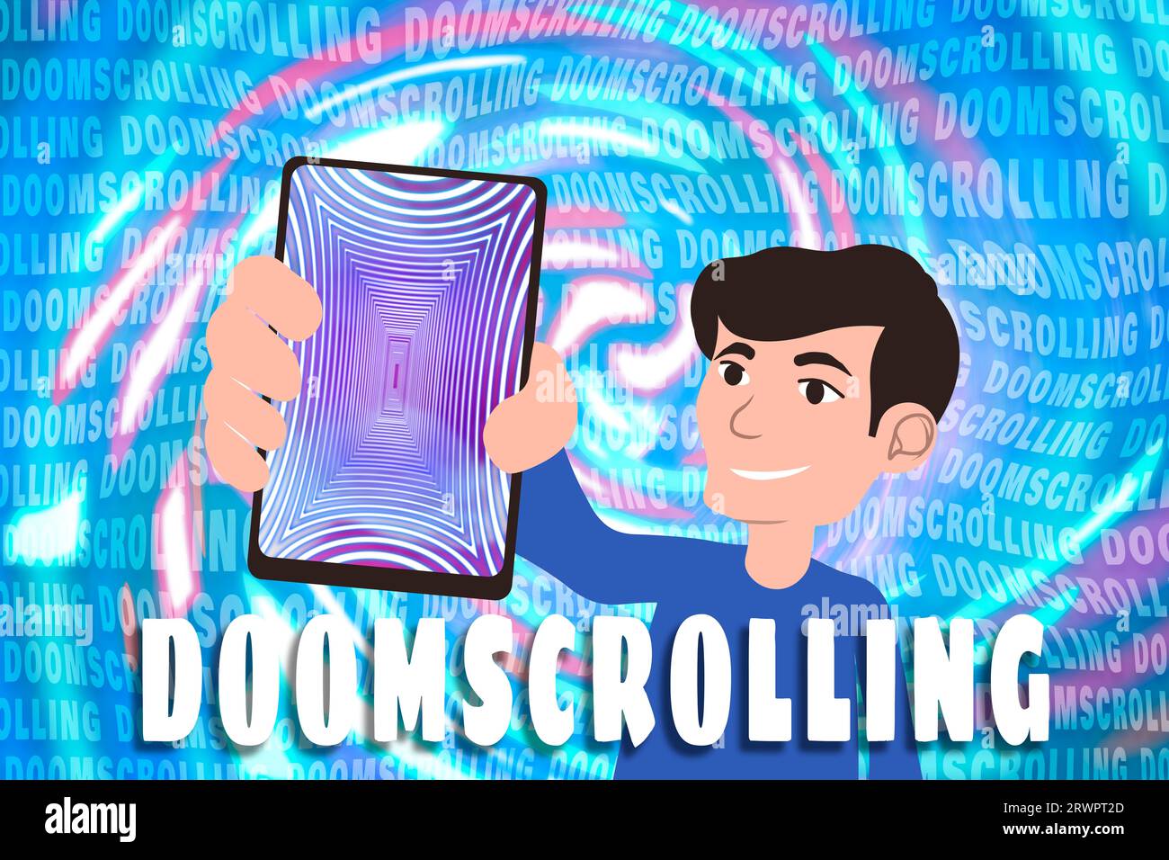Doomscrolling concept. Man showing mobile phone with hypnotic geometric ...