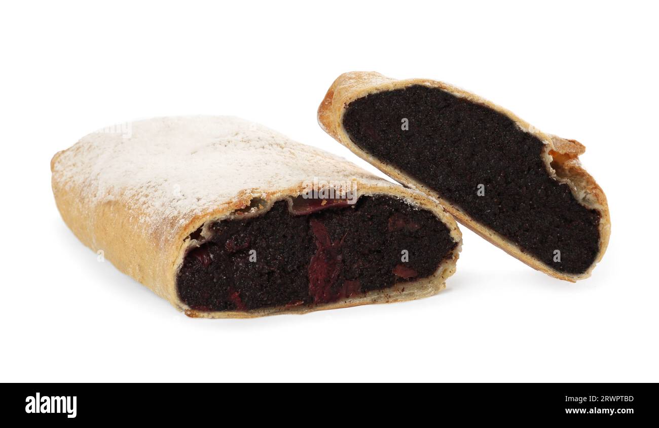Delicious cut strudel with cherries and poppy seeds isolated on white ...