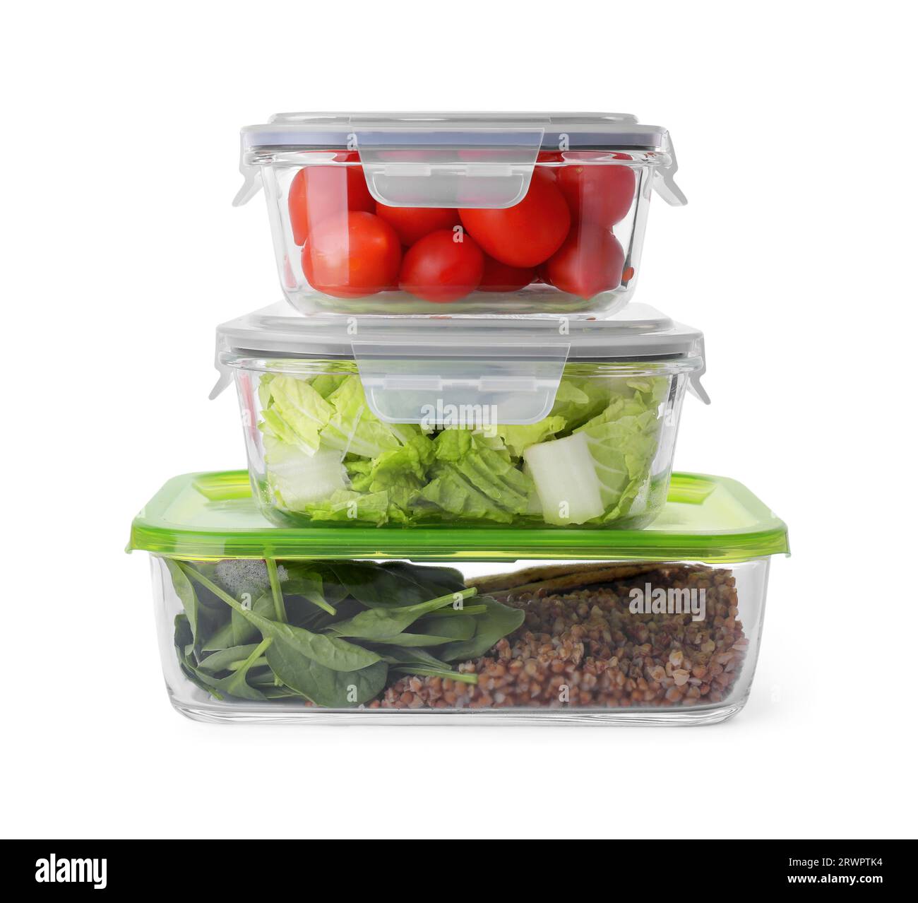 Glass containers with different fresh products isolated on white Stock ...