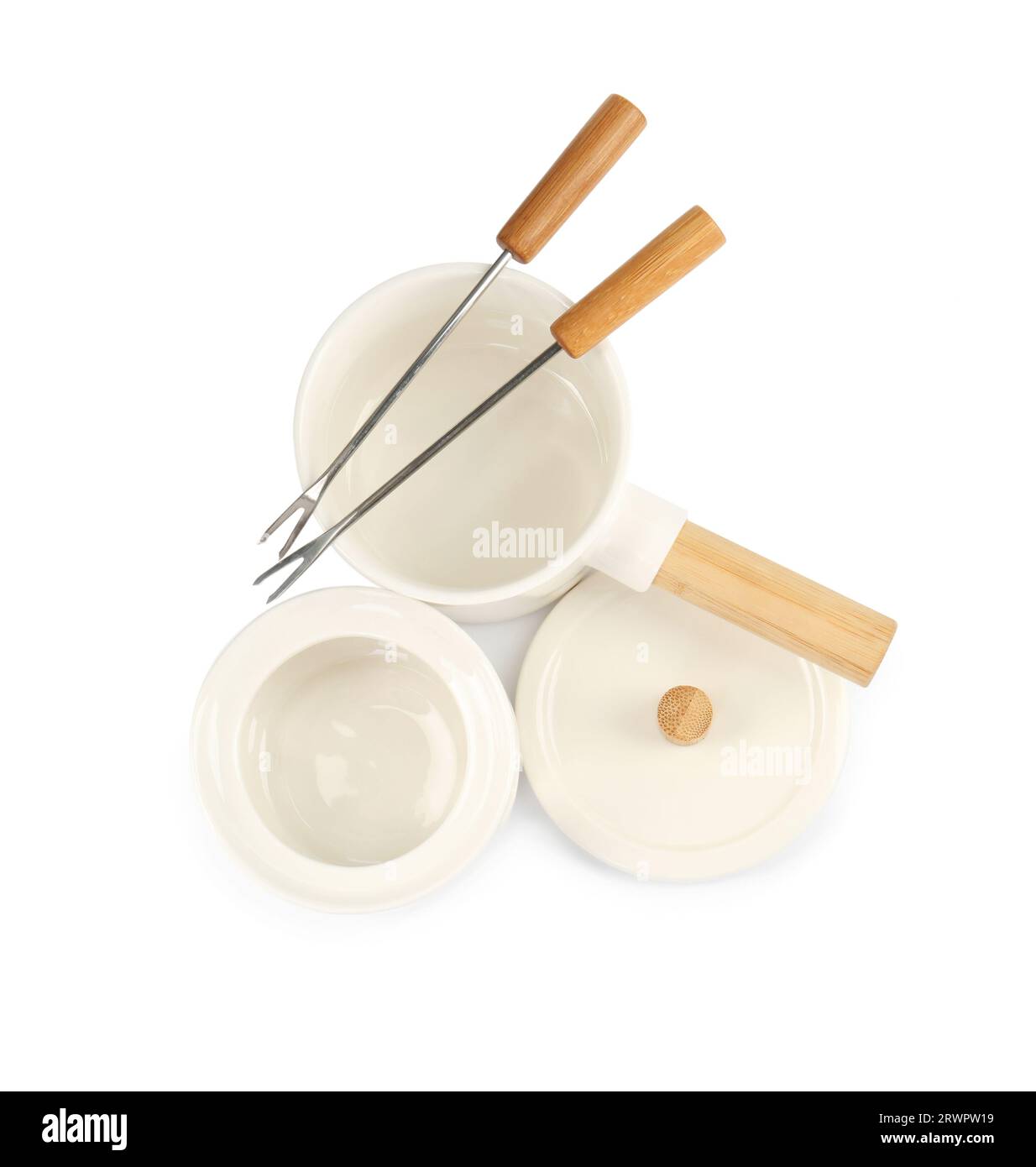 Fondue set isolated on white, top view. Kitchen equipment Stock Photo ...