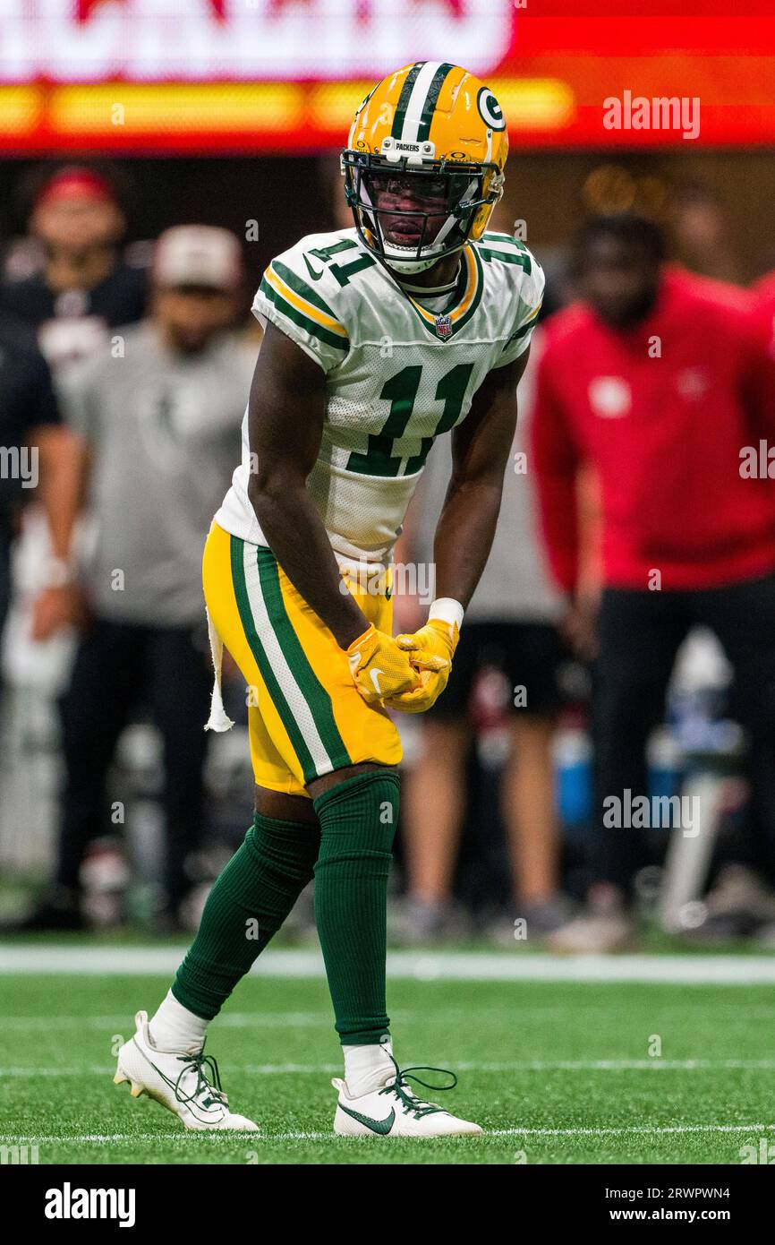 Green Bay Packers wide receiver Jayden Reed (11) lines up during the ...
