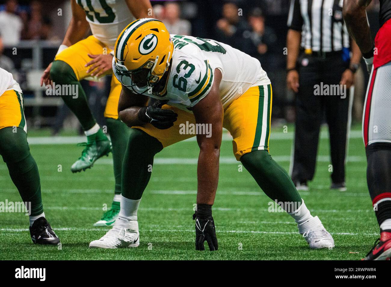 Green Bay Packers offensive tackle Rasheed Walker (63) lines up during ...