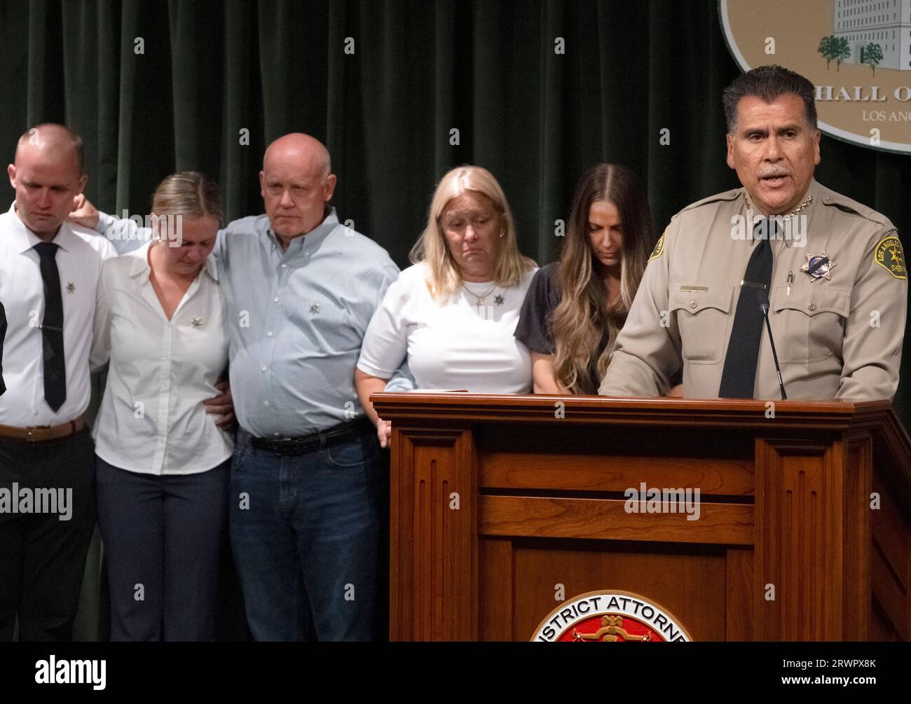 Los Angeles County Sheriff Robert Luna, speaks as the family of sheriff ...