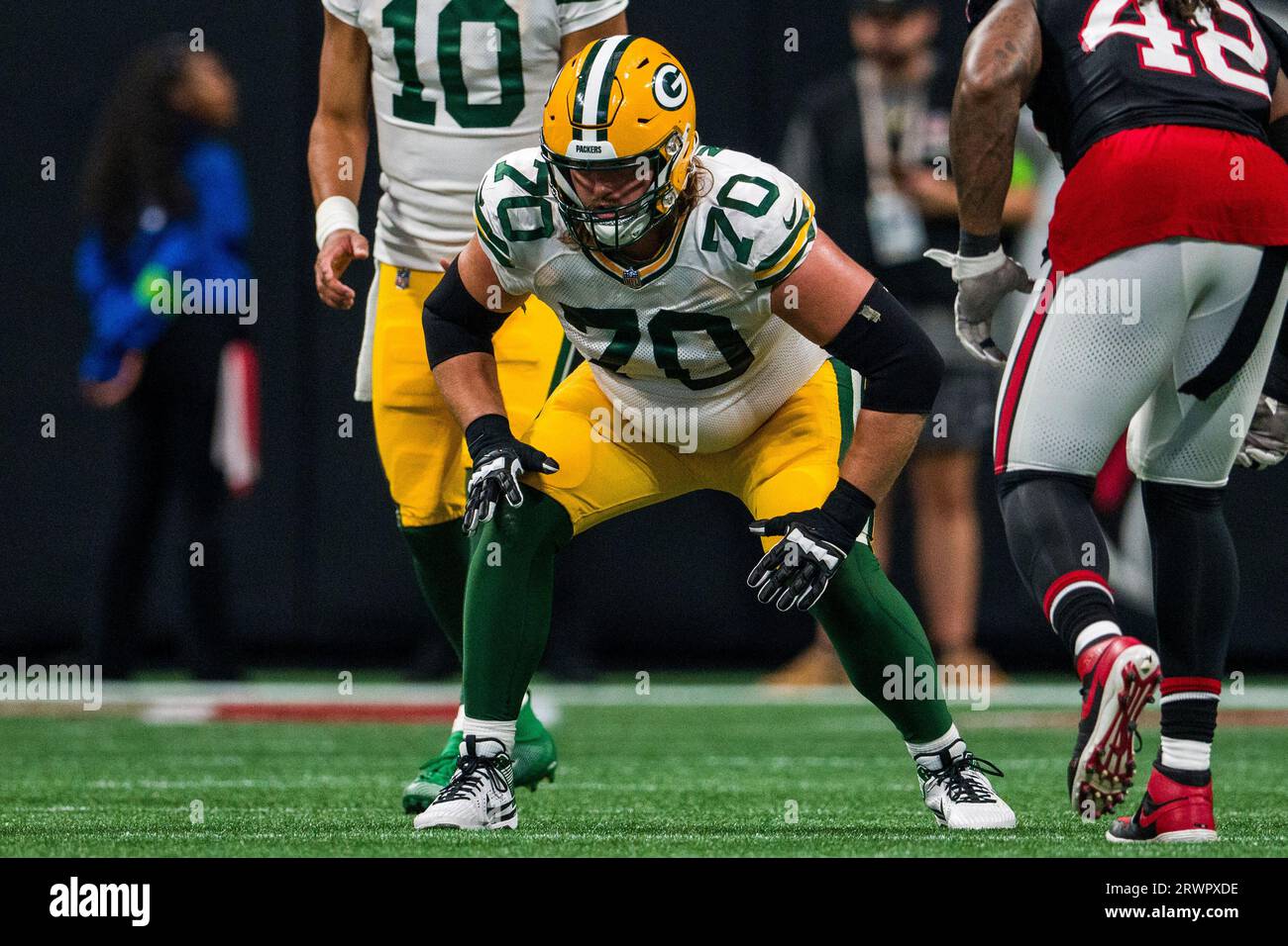 Green Bay Packers guard Royce Newman (70) lines up during the second ...