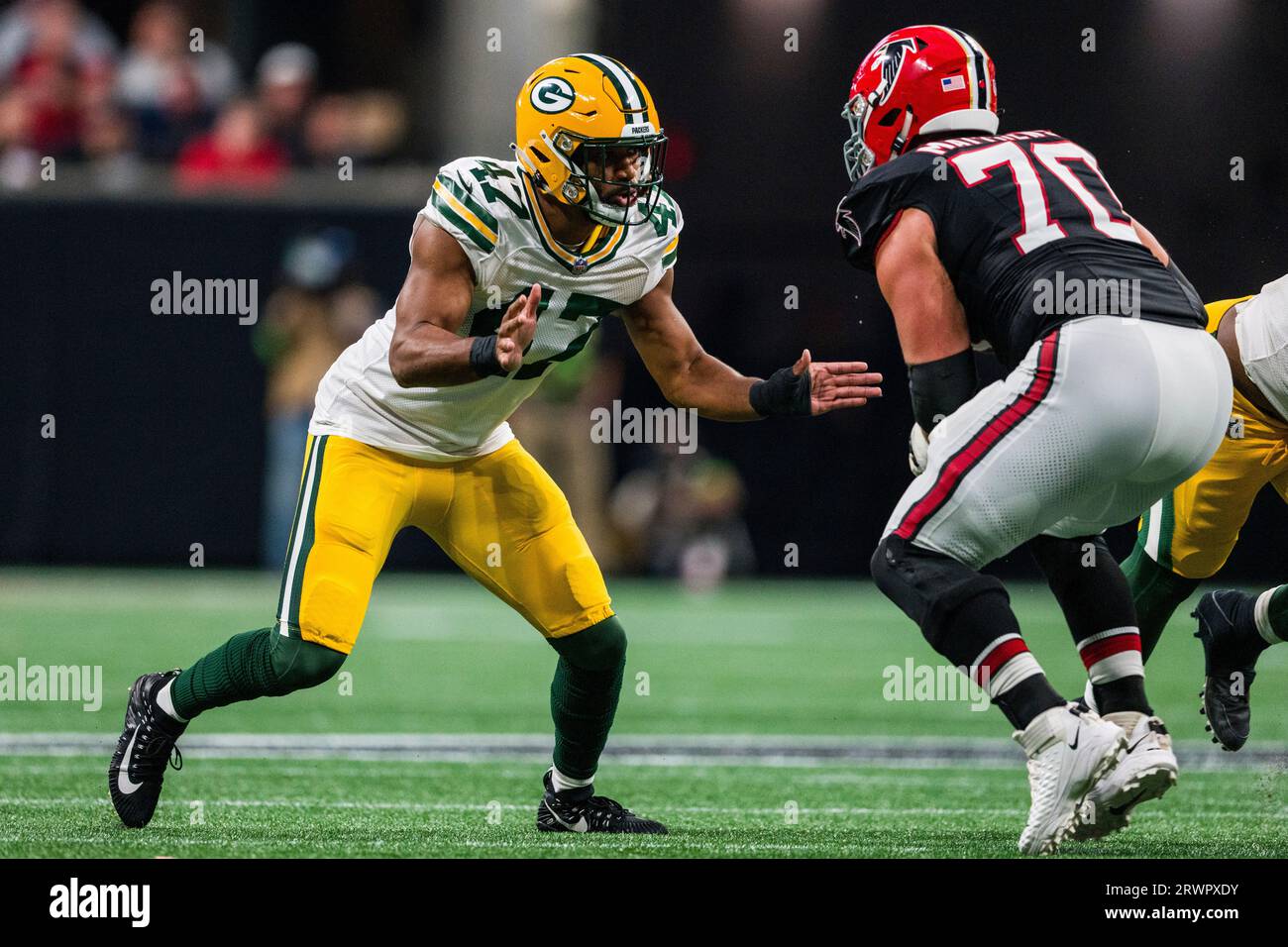 Green Bay Packers linebacker Justin Hollins (47) works against Atlanta ...
