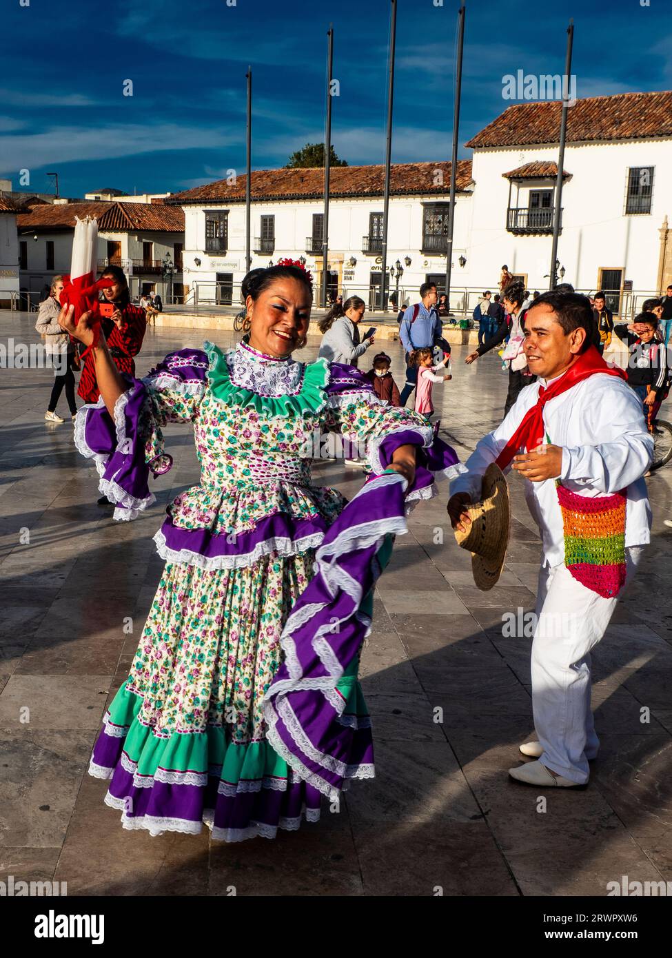 Traditional folcloric dancers in a public show. Tunja main square, Boyacá, Colombia Stock Photo ...