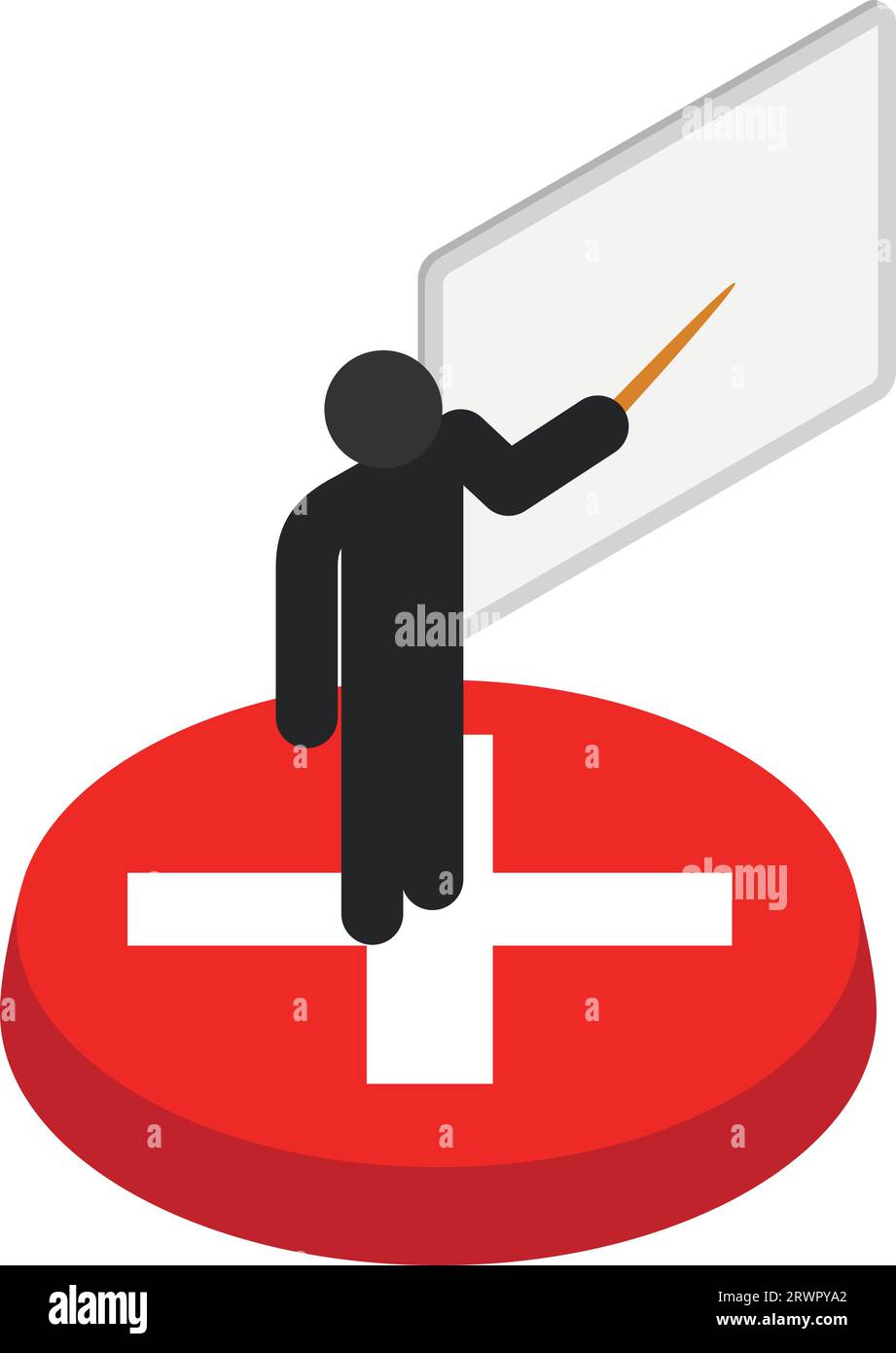 Presentation concept icon isometric vector. Stickman on red button and ...