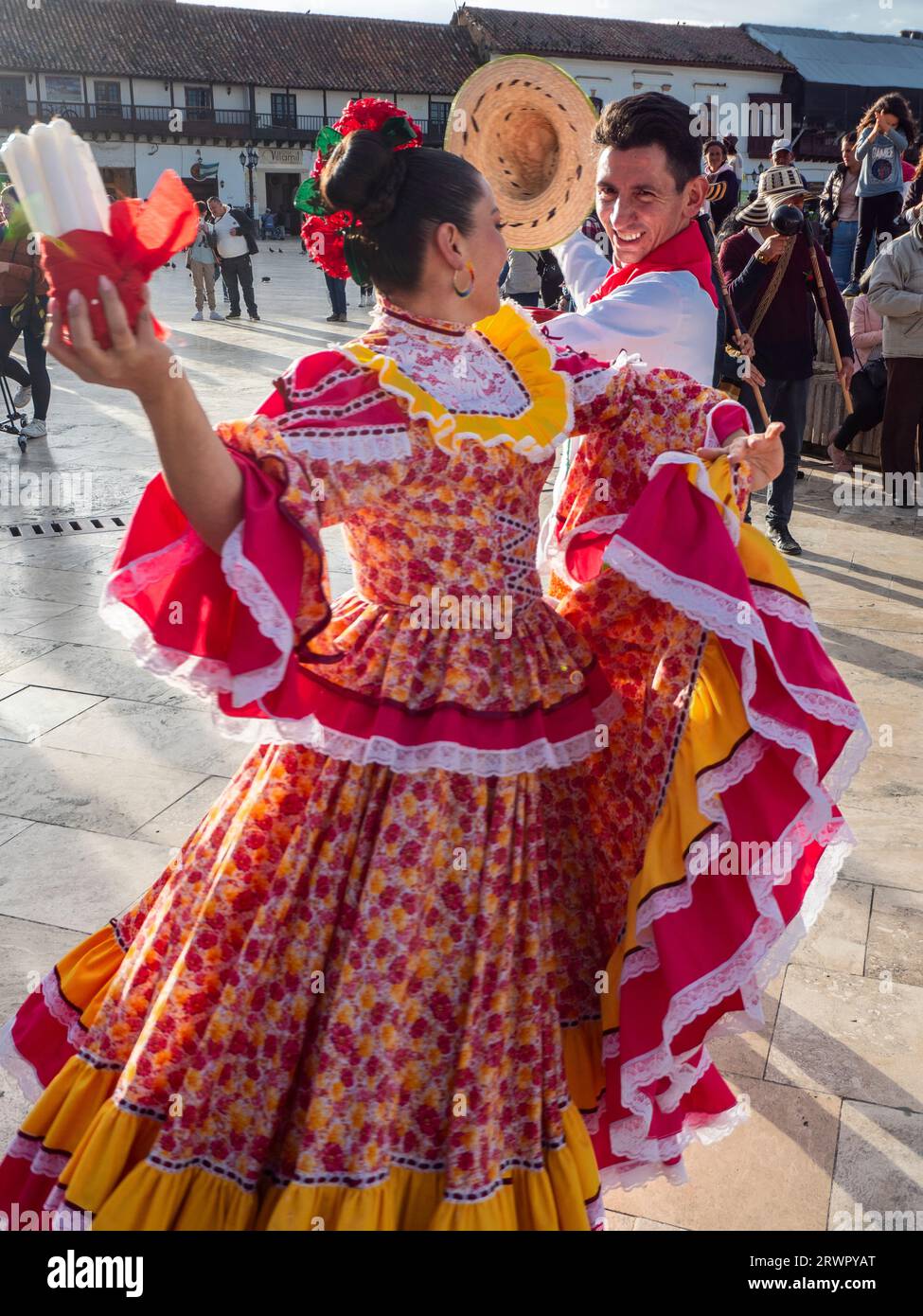 Traditional folcloric dancers in a public show. Tunja main square, Boyacá, Colombia Stock Photo ...