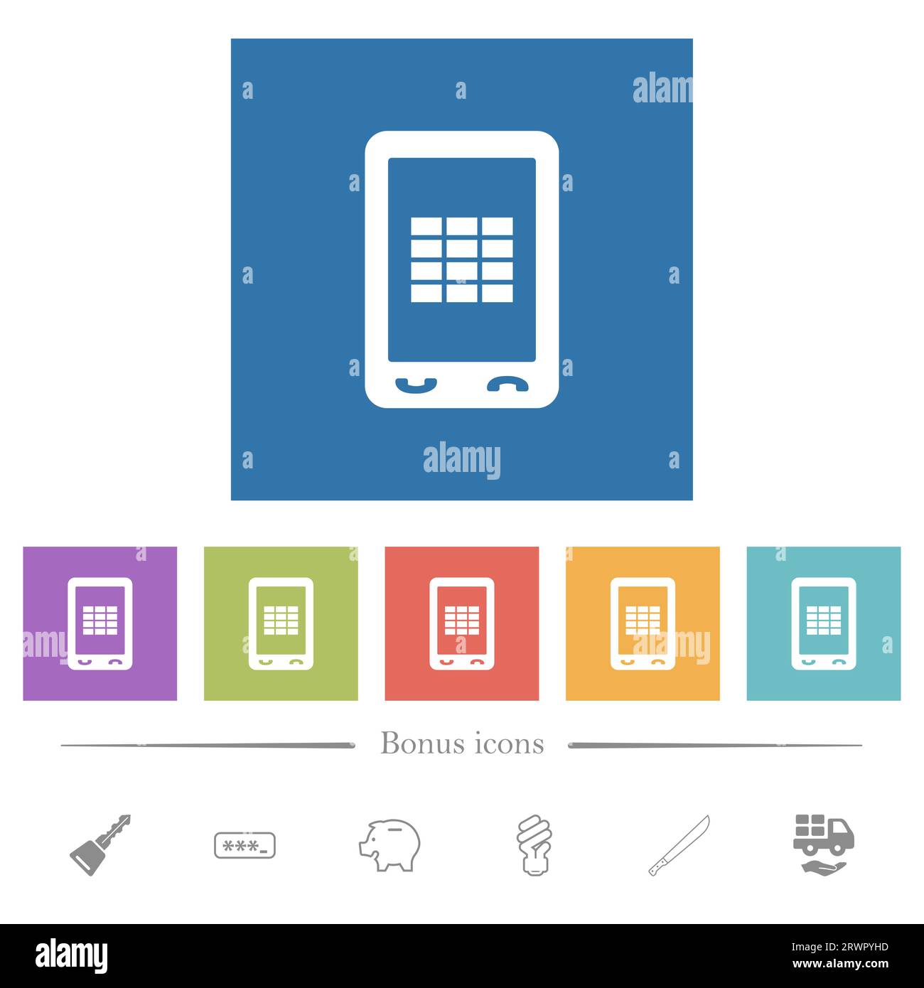 Mobile spreadsheet flat white icons in square backgrounds. 6 bonus ...
