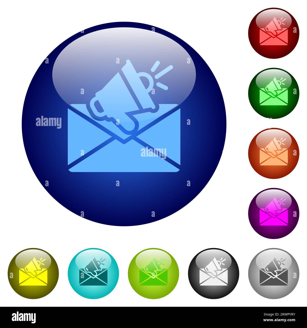 Voice message icons on round glass buttons in multiple colors. Arranged ...