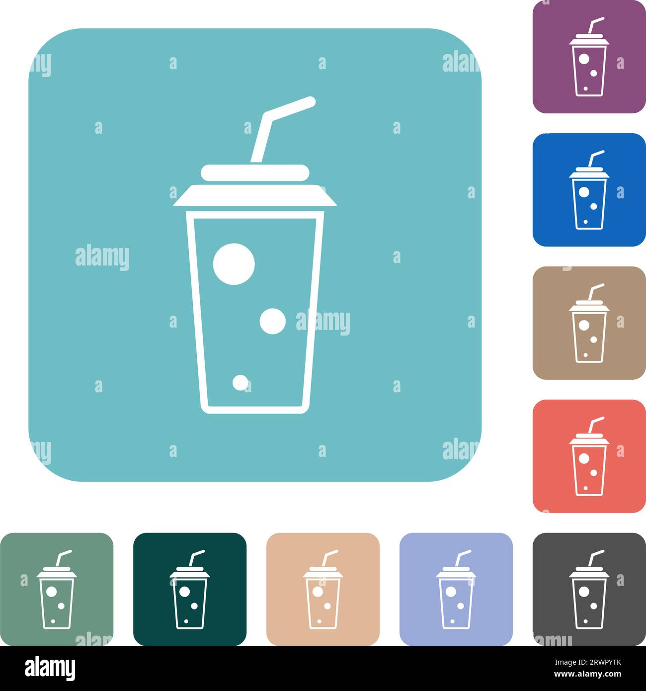soft drink with straw outline white flat icons on color rounded square backgrounds Stock Vector ...