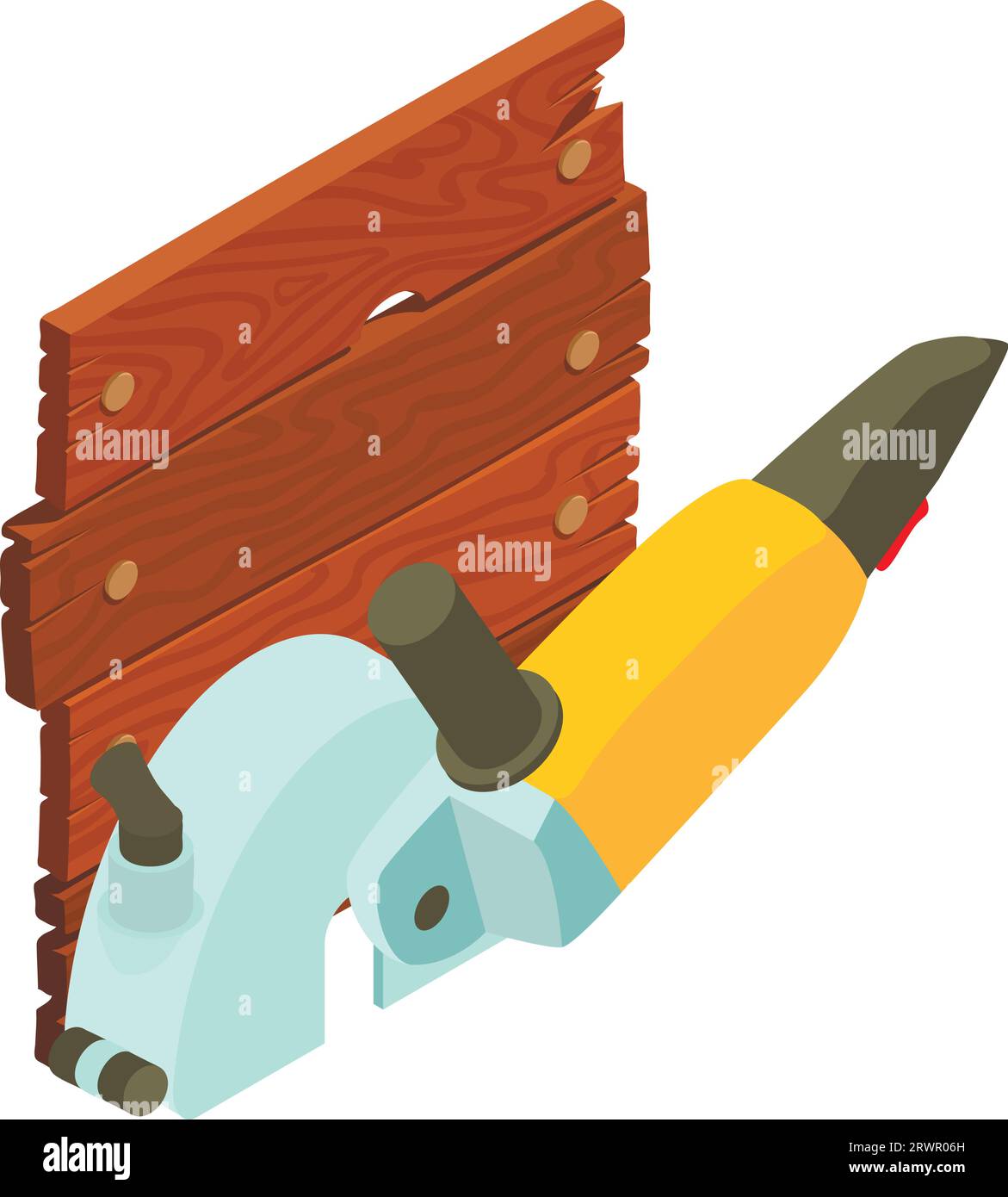 Steel cutting icon isometric vector. Steel cut off machine and wooden ...