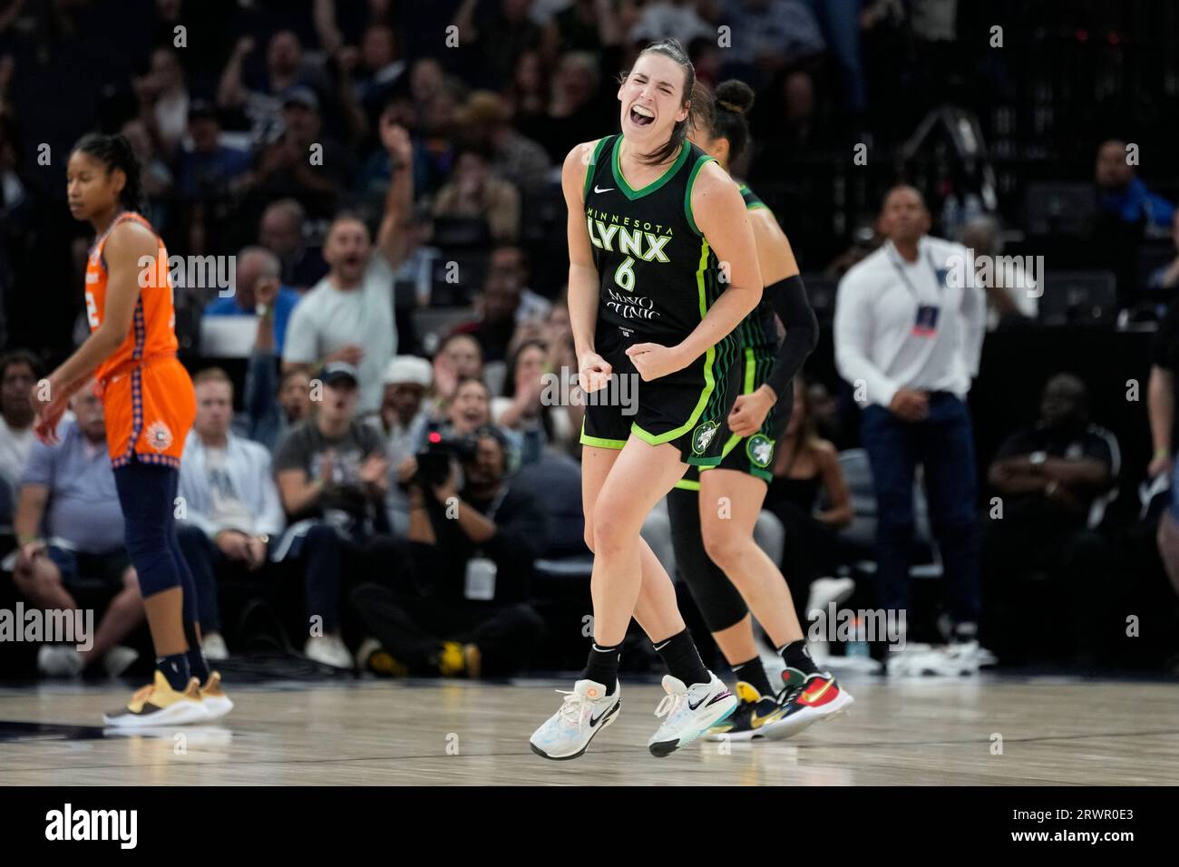 Minnesota Lynx forward Bridget Carleton (6) celebrates after making a 3 ...