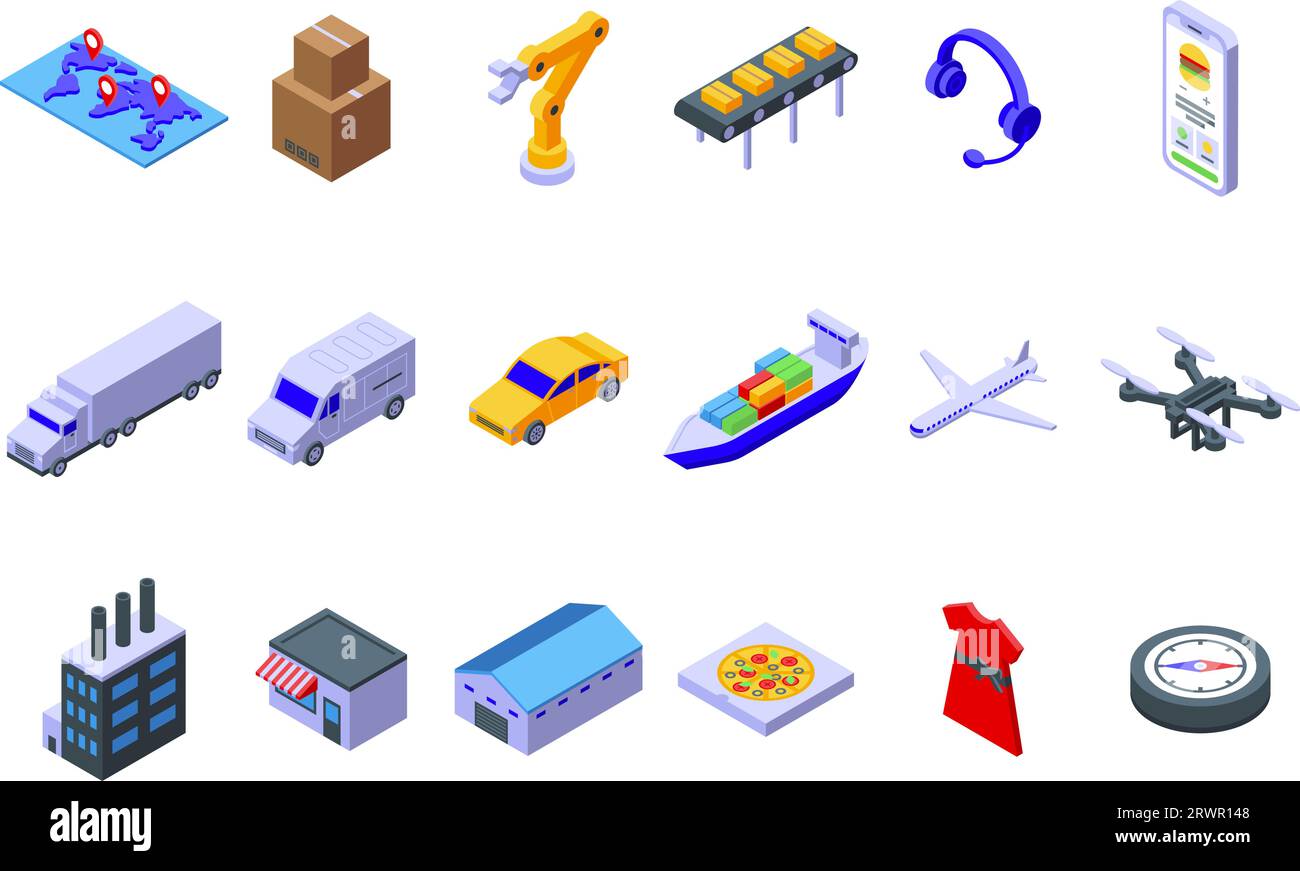 Supply Chain icons set isometric vector. Plan process. Retail export ...