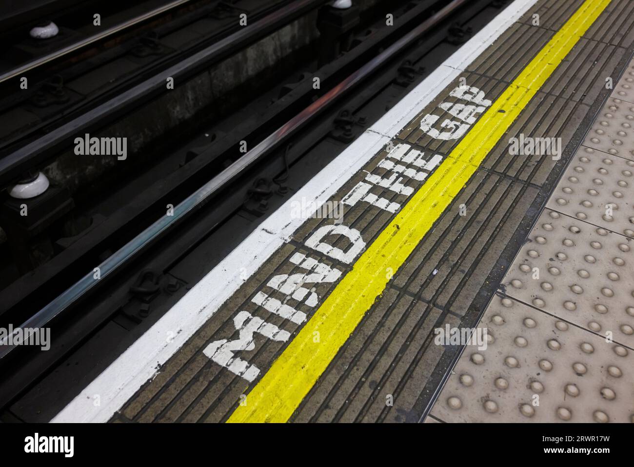 Mind the Gap writing on the edge of the platform at Bank Station on the ...