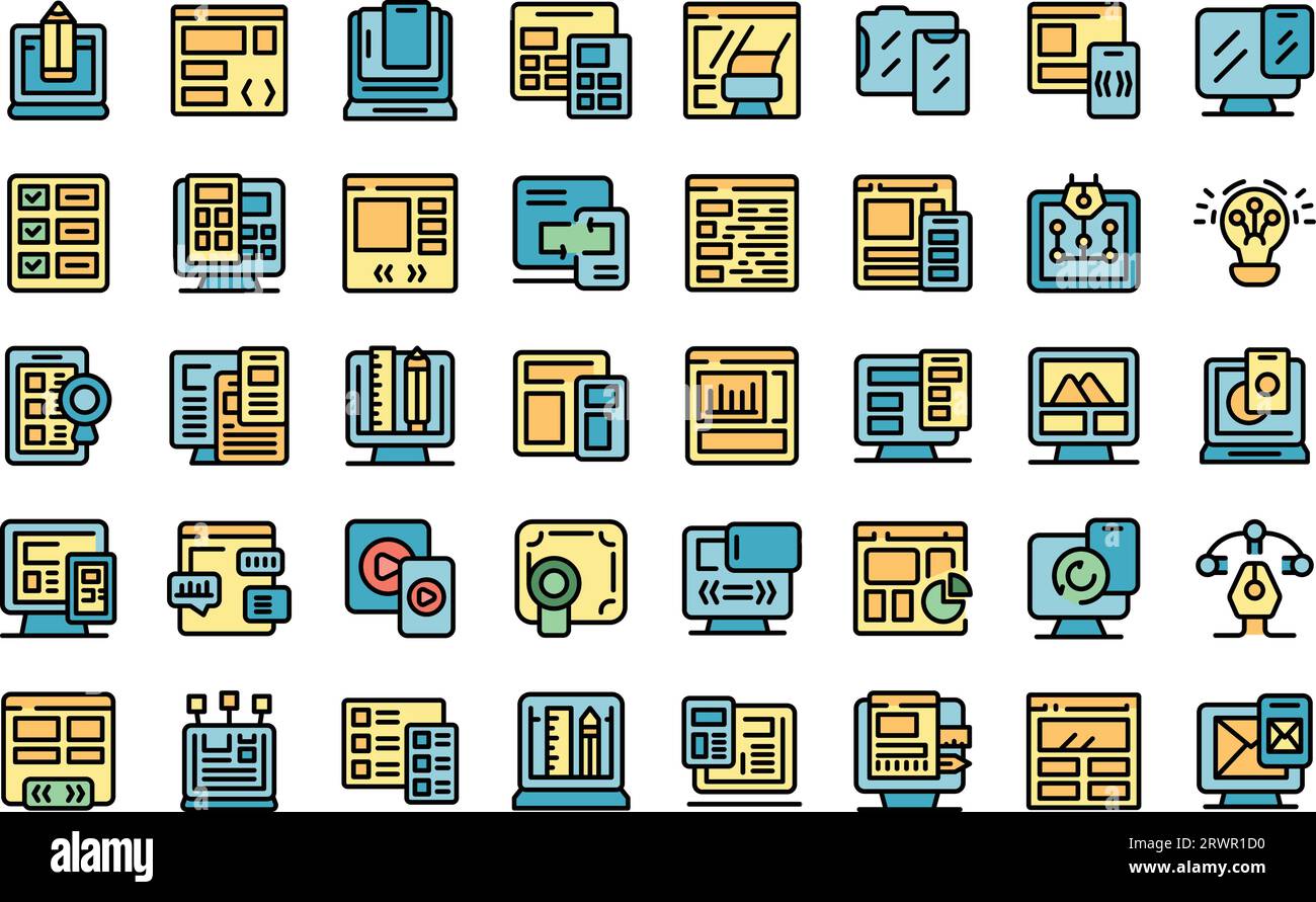 Responsive web design icons set outline vector. Digital content. Mobile user thin line color ...