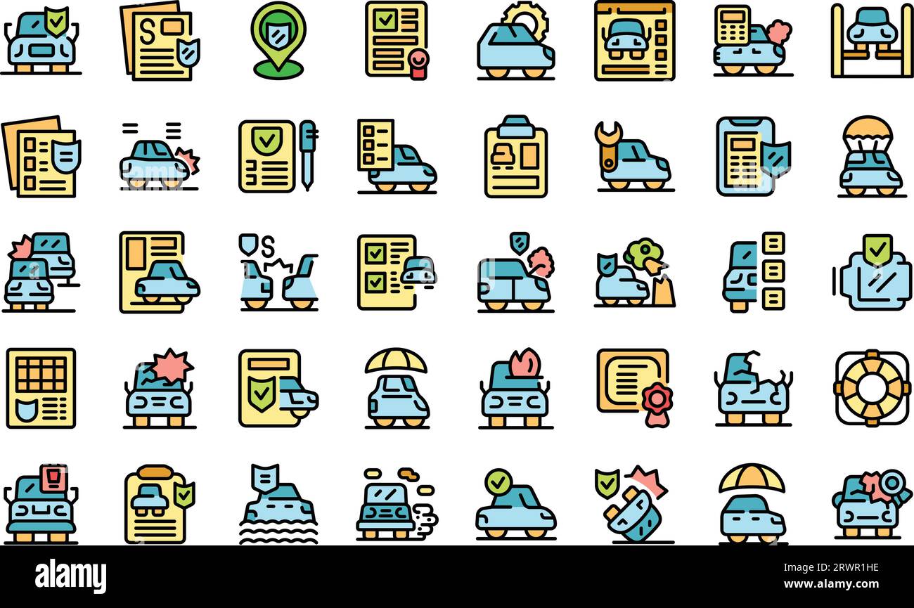 Car insurance icons set outline vector. Auto secure. Form care thin line color flat on white ...