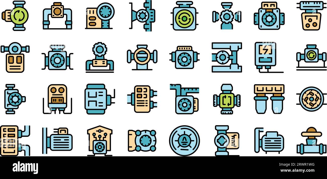 Water circulation pump icons set outline vector. Treatment station ...
