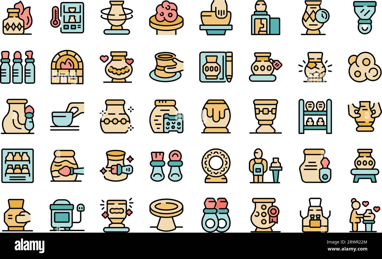 Pottery lessons icons set outline vector. Woman people. Hobby work thin ...