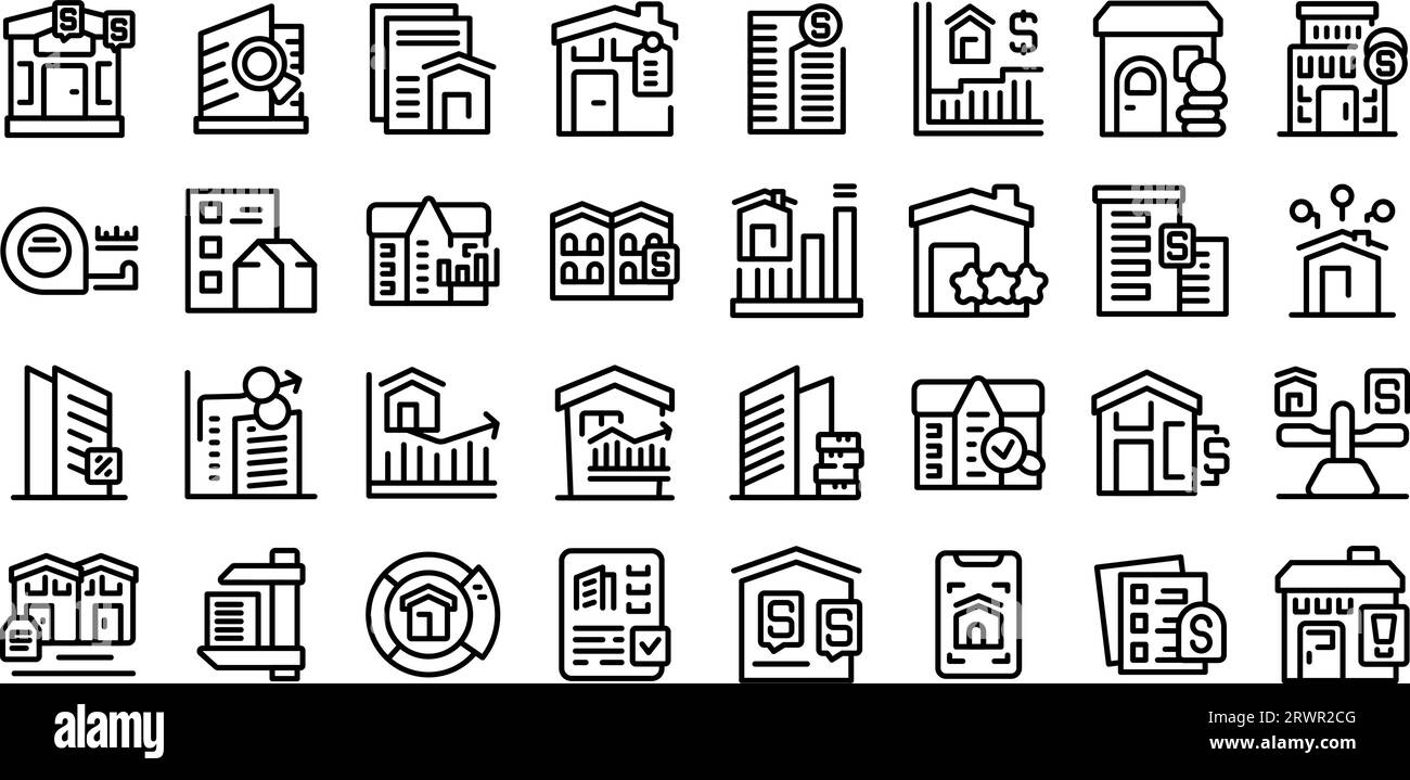 Real property assessment icons set outline vector. Tax house. Business ...