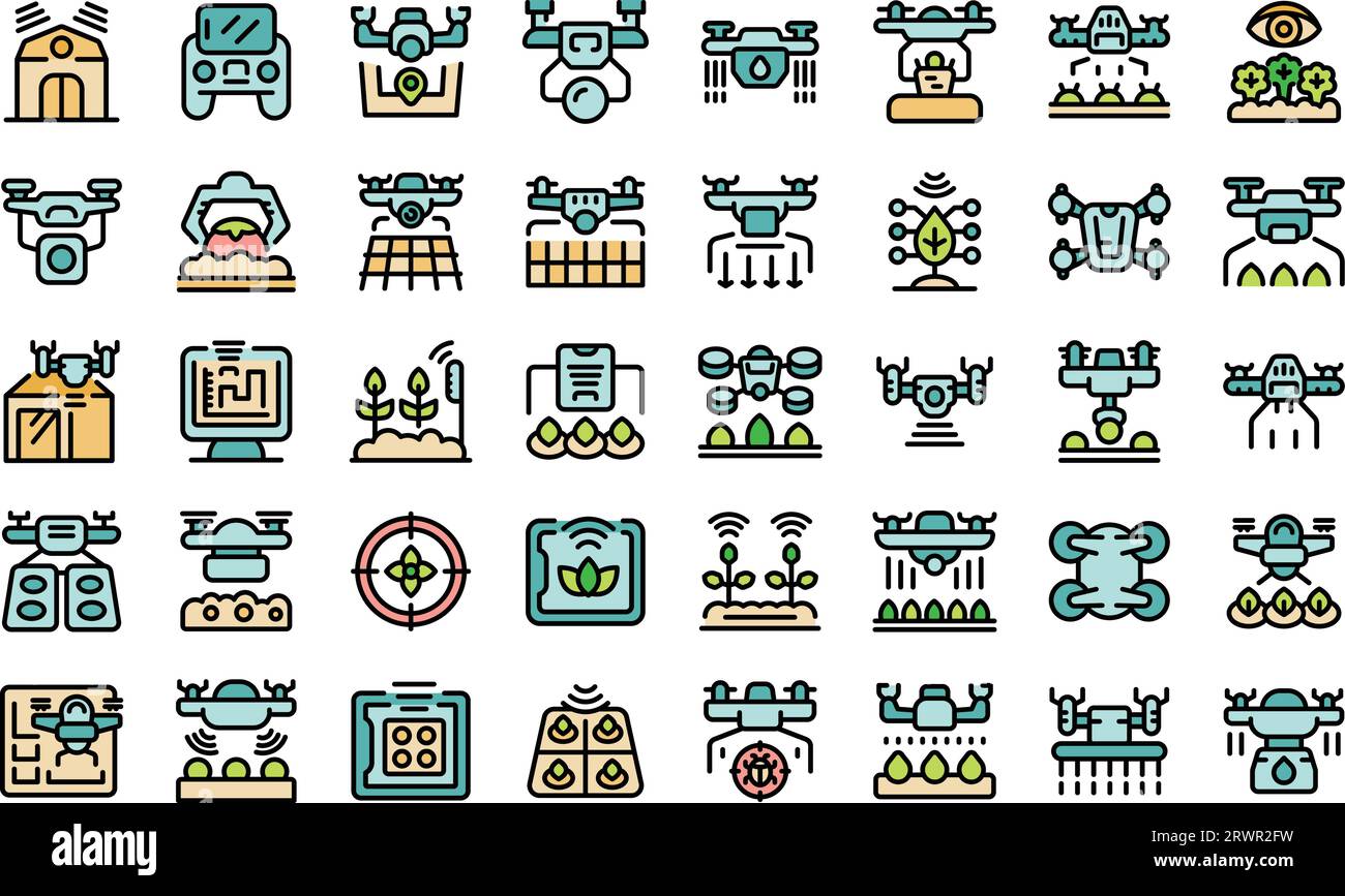Drones in agriculture icons set outline vector. Farm pest. Smart nature thin line color flat on ...