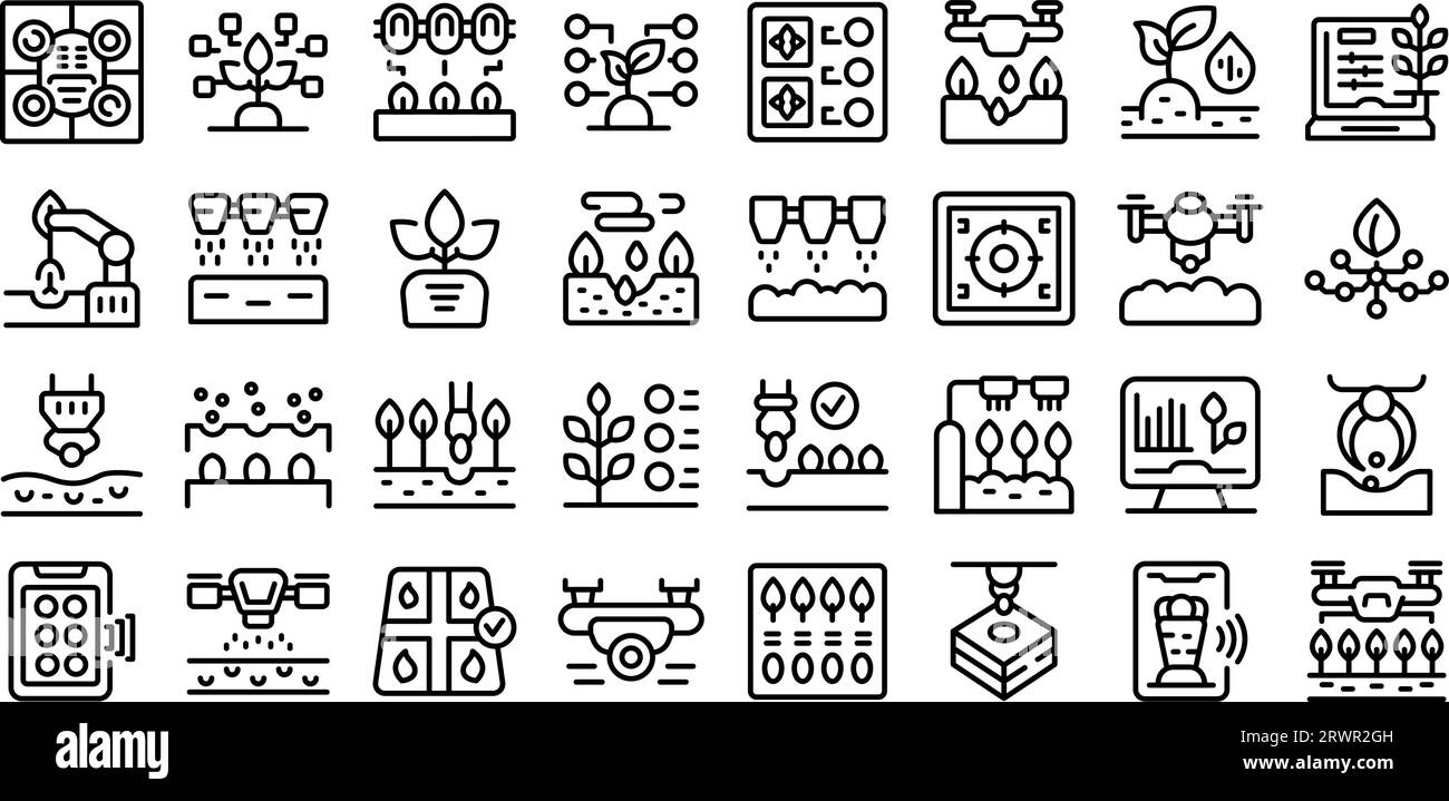 Automated plant seeding icons set outline vector. Nature farm. Plant ...