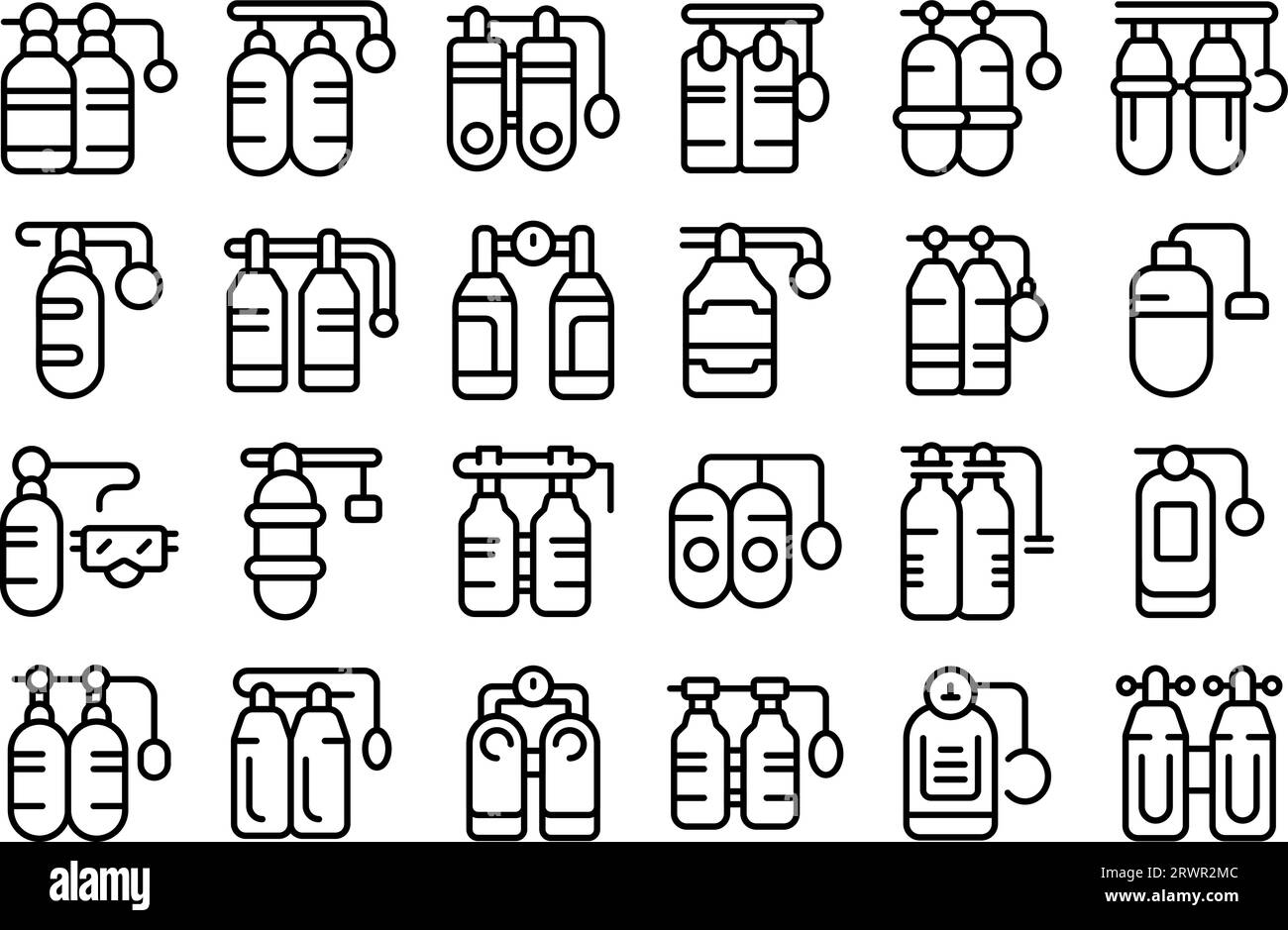 Diving cylinders icons set outline vector. Submarine bottle. Oxygen ...