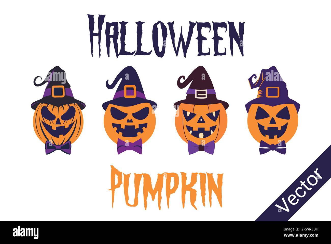 Halloween Pumpkin Set with witch hat, Flat illustrations isolated on ...