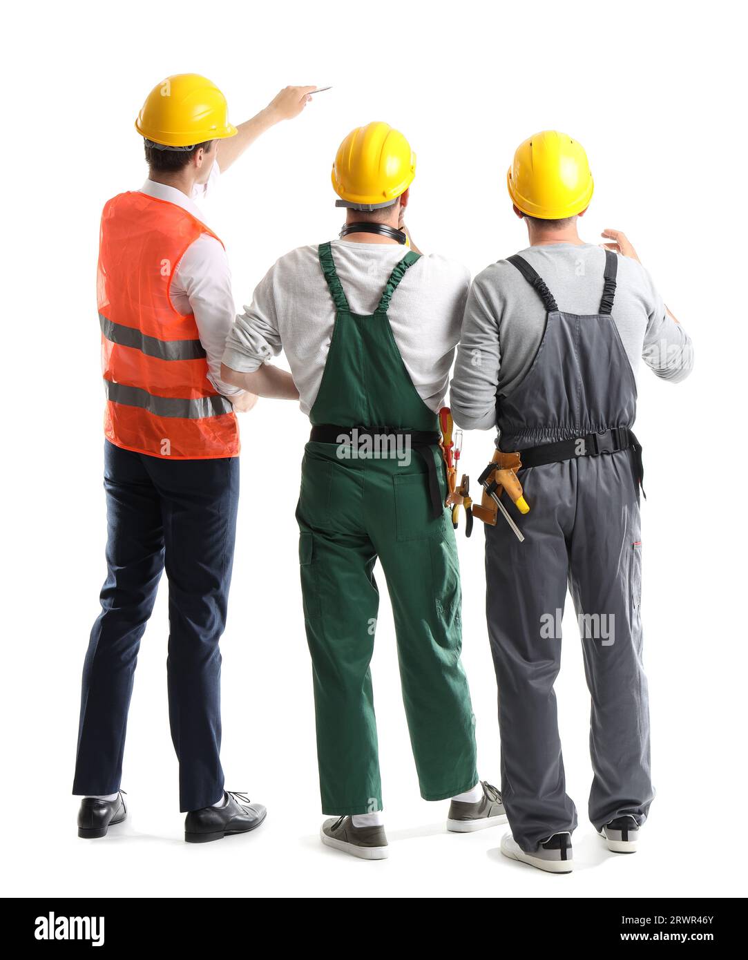 Team of male builders on white background, back view Stock Photo - Alamy