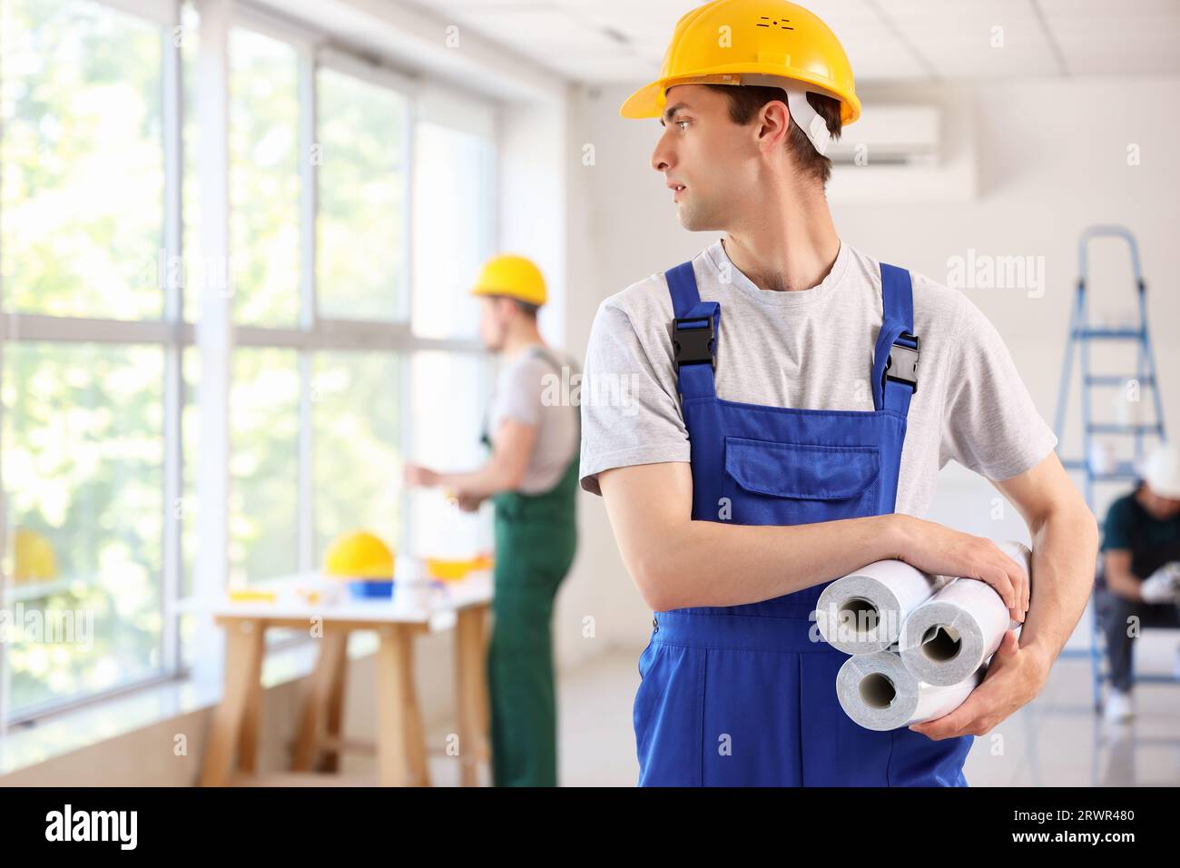 Male builder with wallpapers in room Stock Photo - Alamy