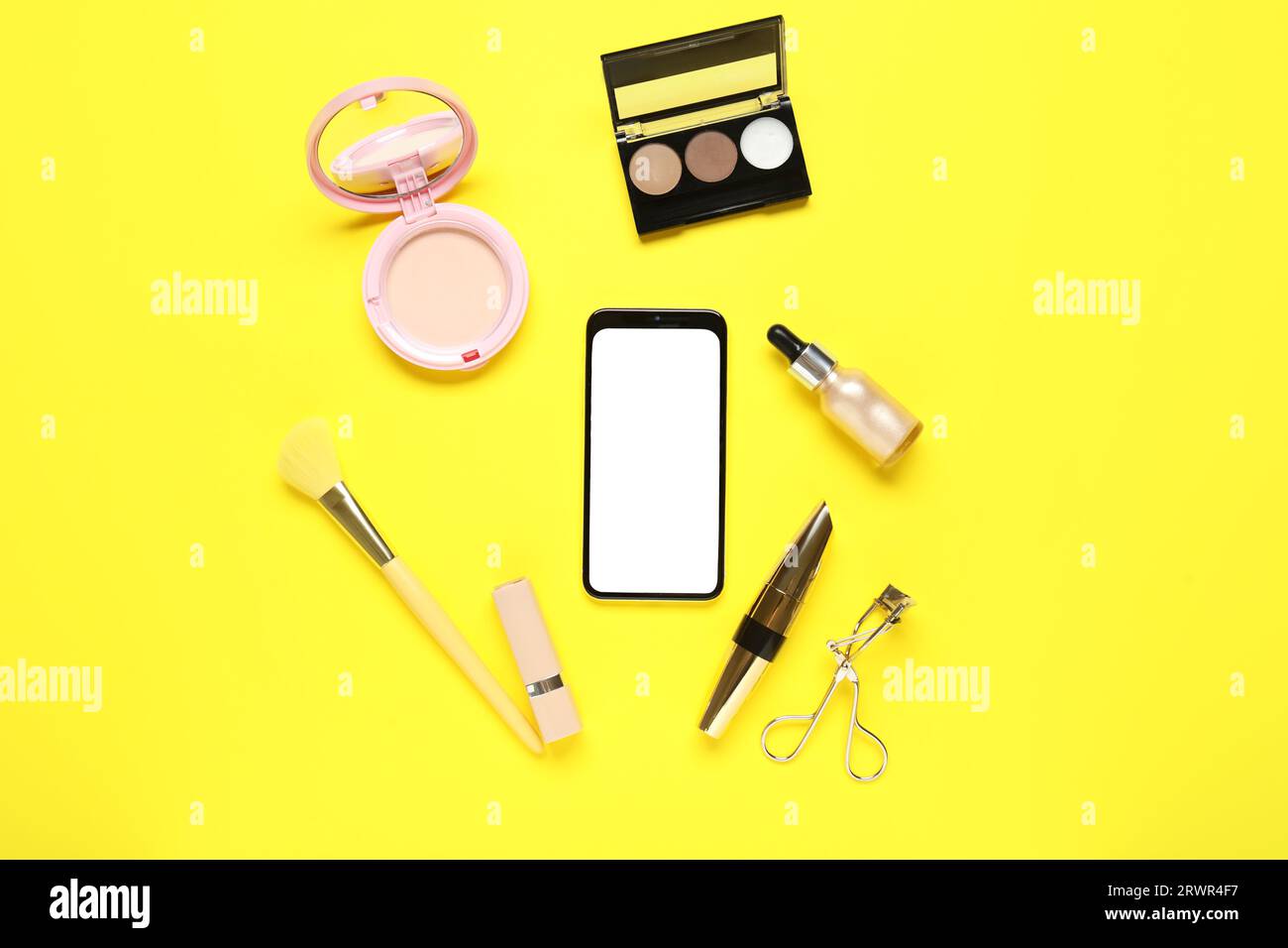 Composition with modern mobile phone, cosmetics and makeup accessories ...