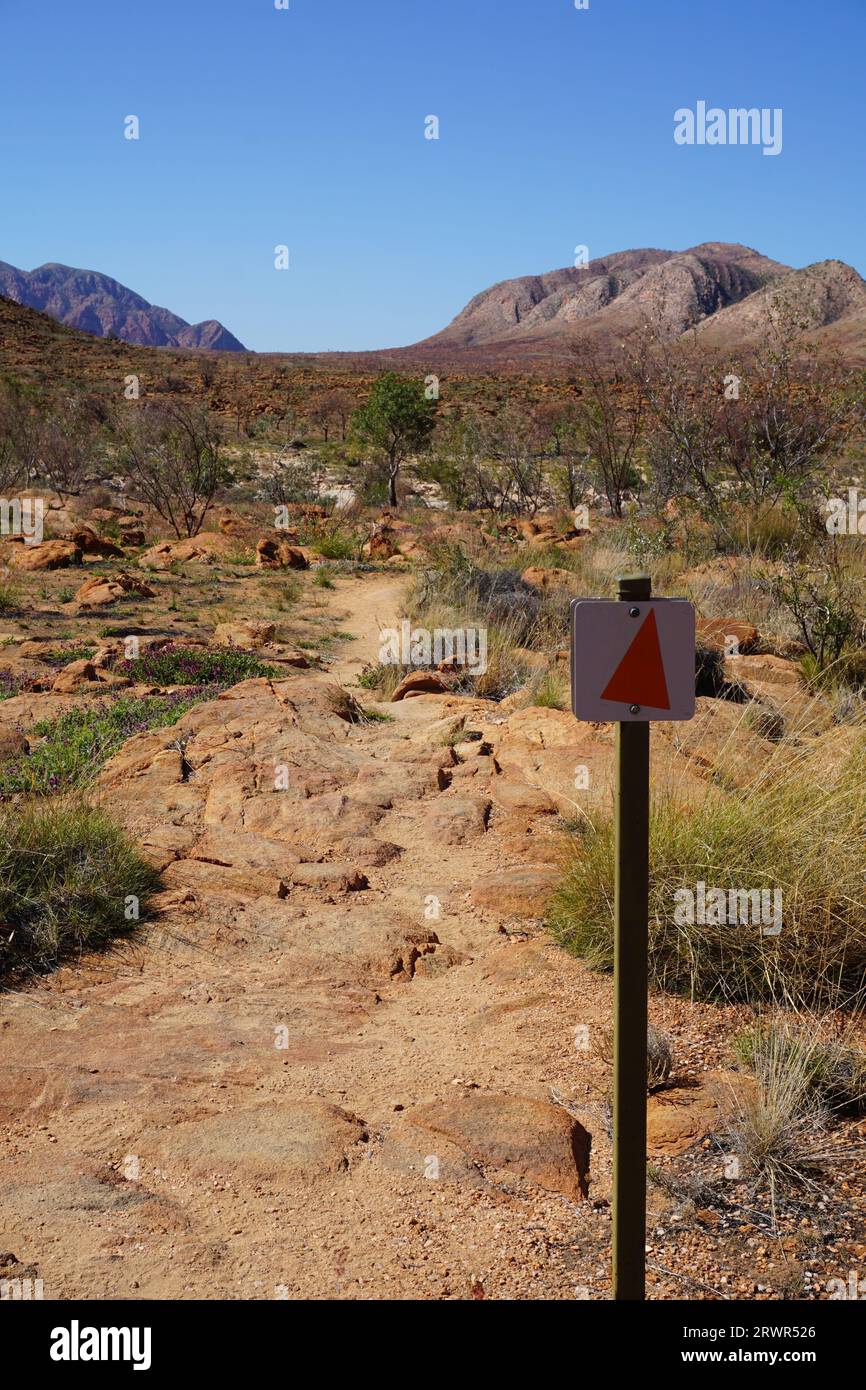 orange directional sign or arrow on a pole on a desert hiking trail in ...