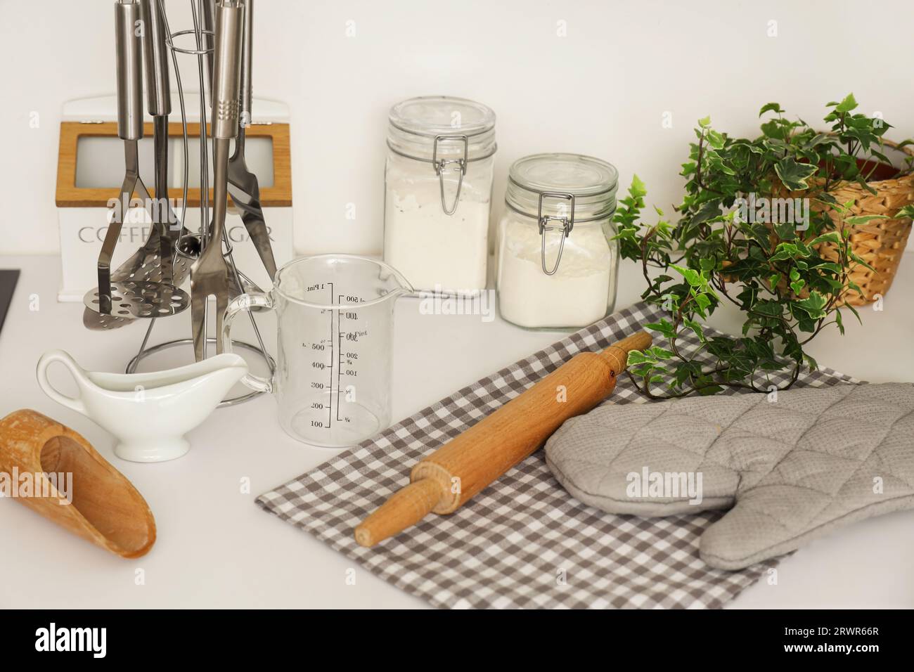 Modern kitchen with ingredients and set of utensils for bakery Stock ...
