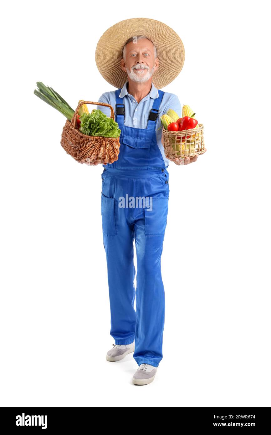 Mature male farmer with wicker baskets full of different ripe ...