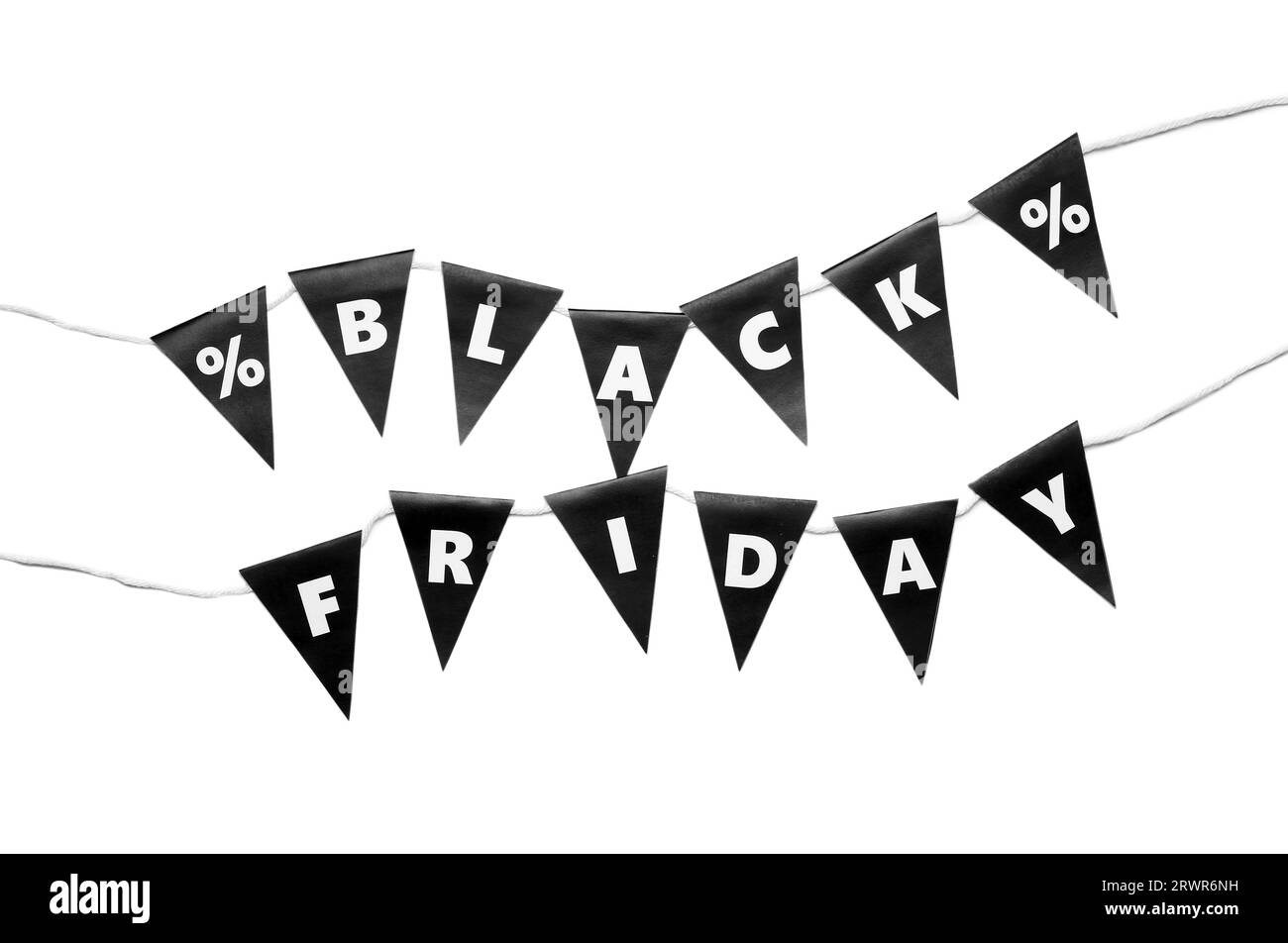 Rope, flags with text BLACK FRIDAY and percent signs on white ...