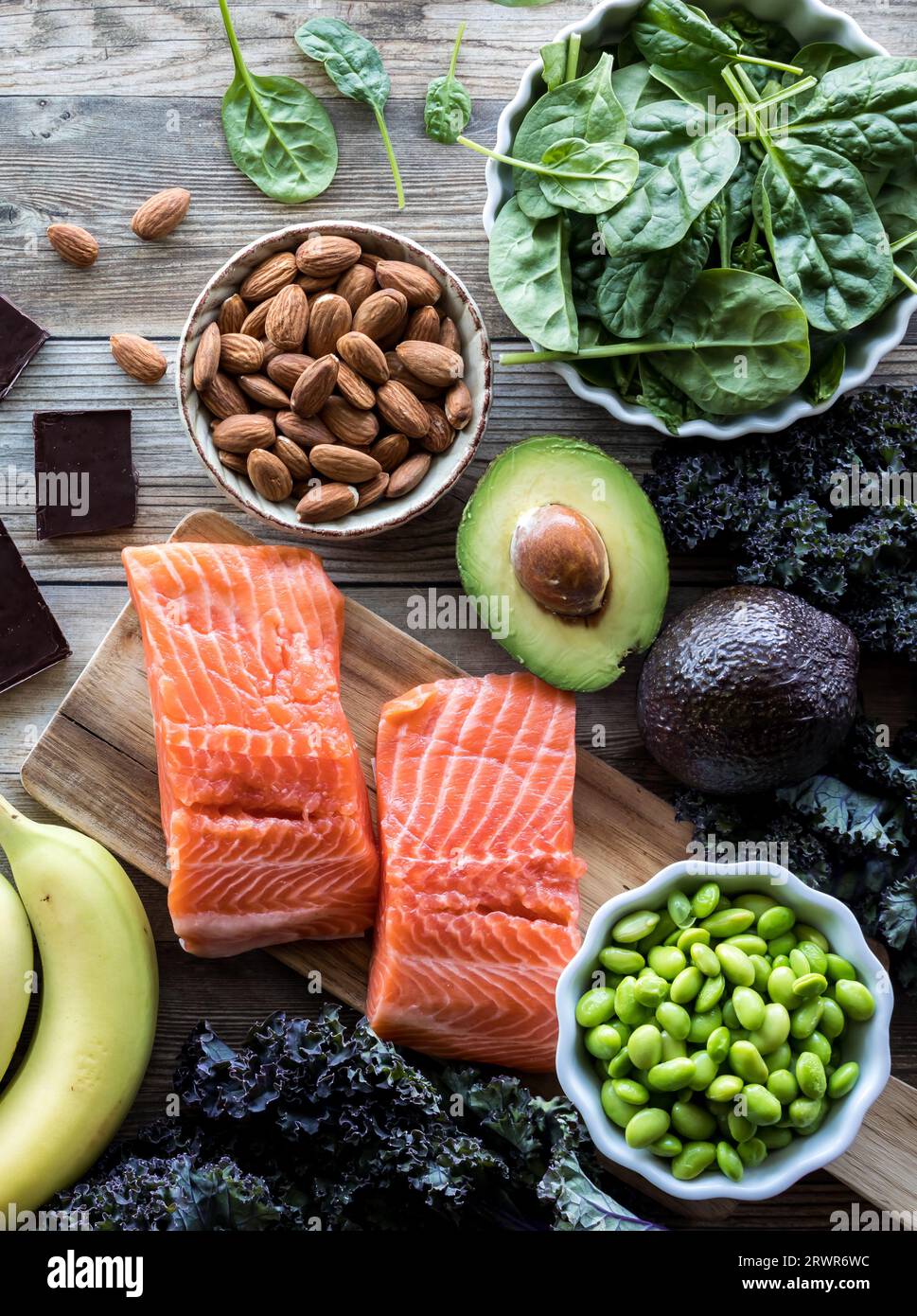 Top down close up view of several healthy raw whole foods Stock Photo ...