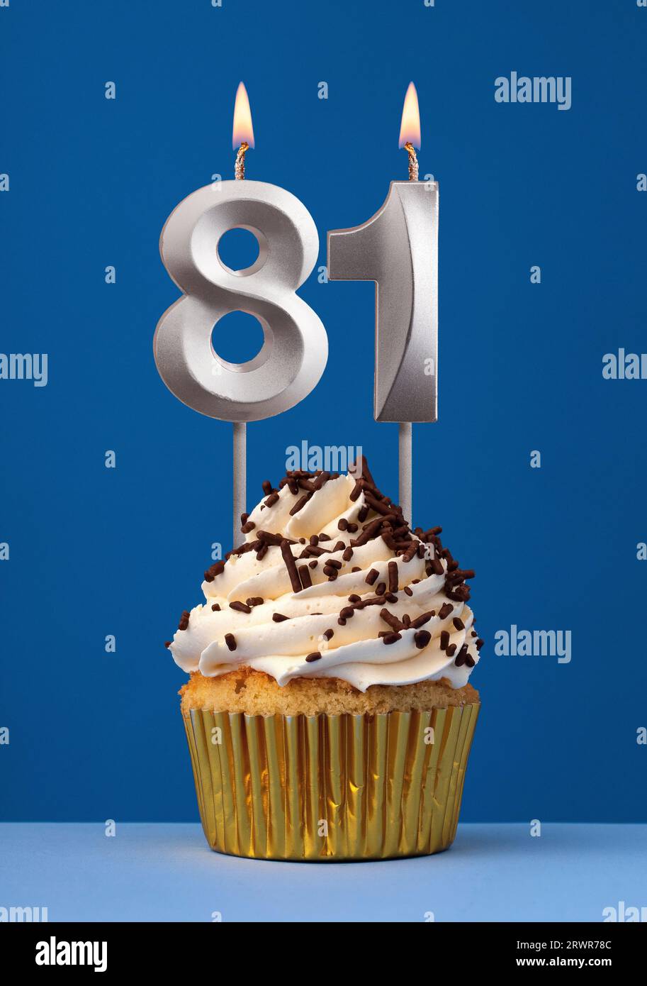 Burning candle number 81 - Birthday card with cake on blue Background ...