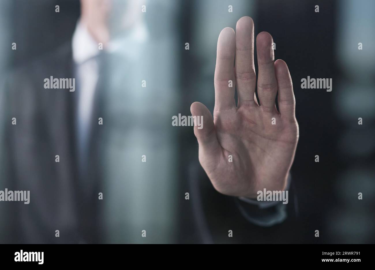 man hand stop sign, warning concept, preventing subsequent problems ...