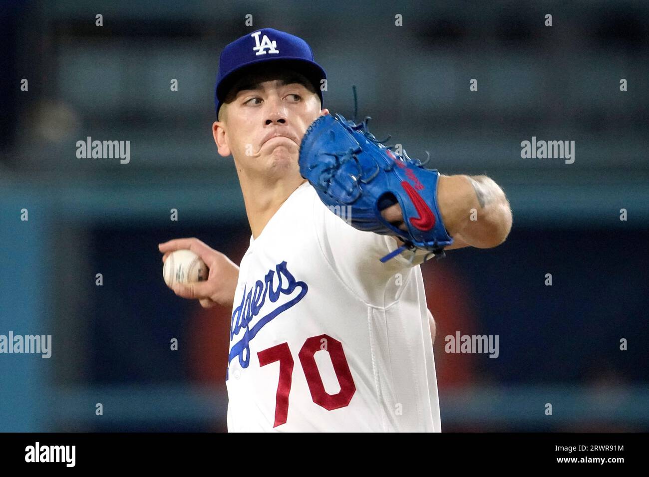 Los Angeles Dodgers starting pitcher Bobby Miller throws to the plate ...