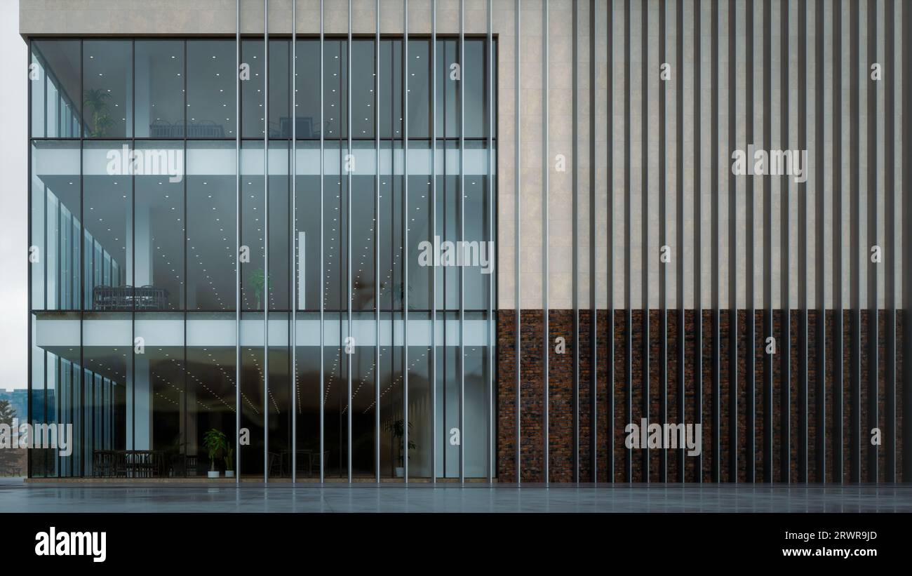 a three-storey modern commercial building with large curtain wall ...