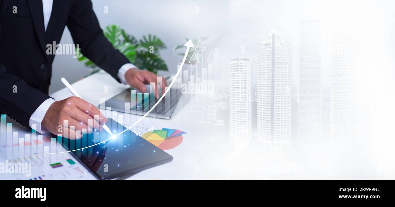 Business development concepts for success and growth. Businessman taps ...