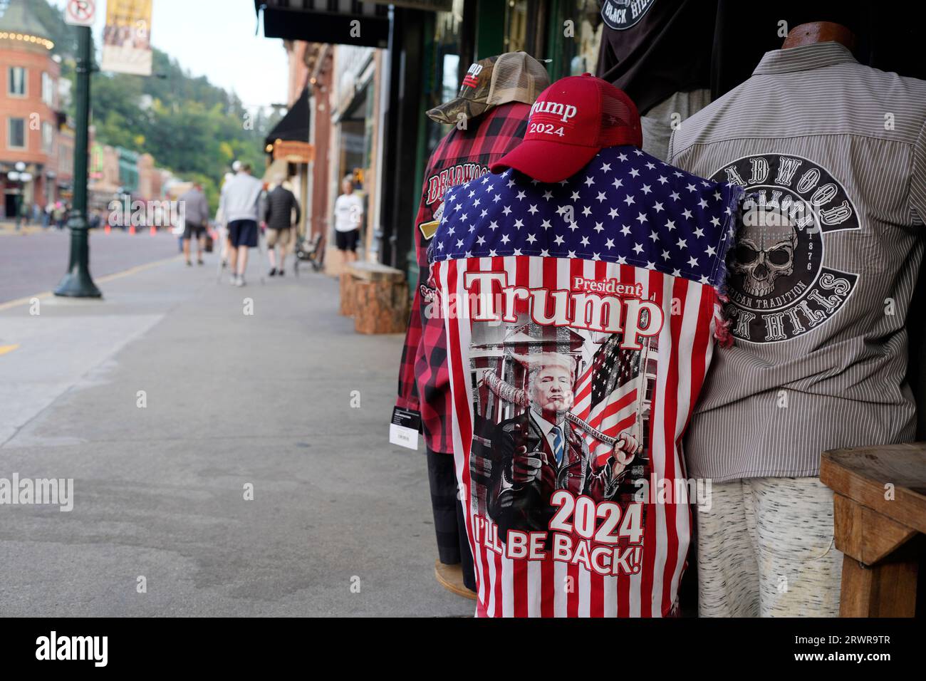 Campaign items for former president Donald Trump sit on display outside ...