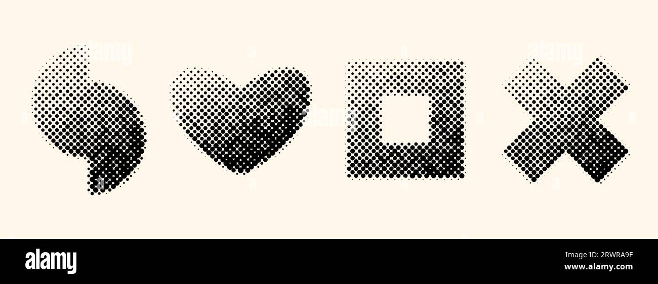 Halftone geometric shapes set. Dotted cross, heart, semicircles, square ...