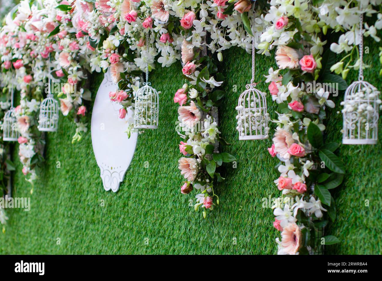 Wedding backdrop flowers in white, green, pink tones decorated with ...