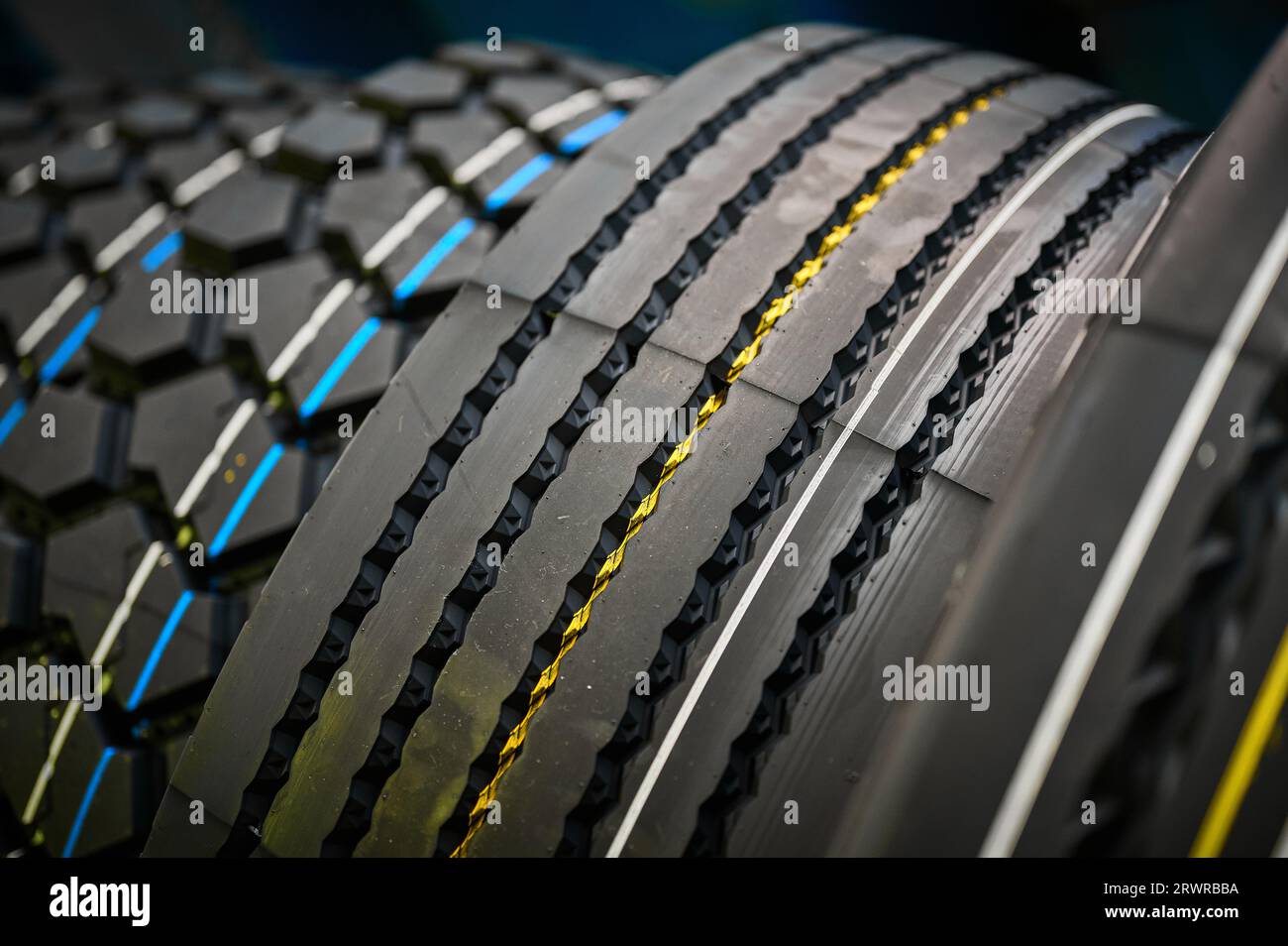Tyres with white and blue markings with different types of tread Stock ...