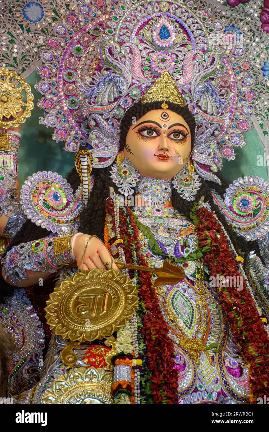 Goddess devi Jagadhatri idol decorated at a puja pandal in Kolkata ...
