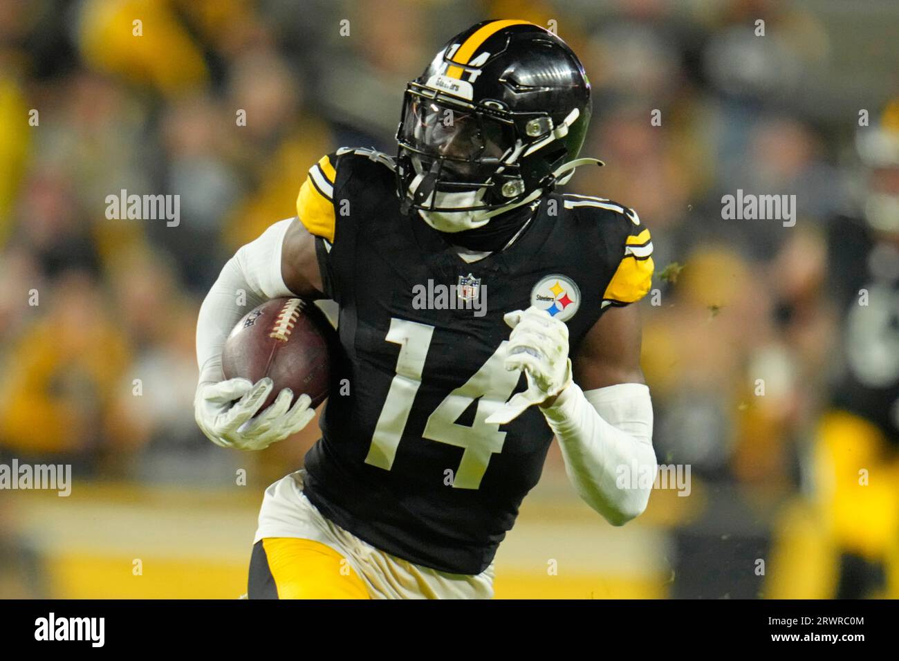 Pittsburgh Steelers wide receiver George Pickens (14) heads for the end ...